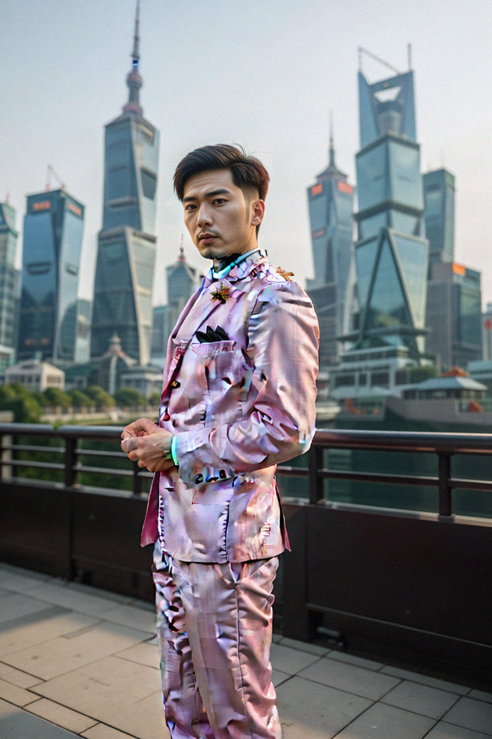 Sharp and trendy man in Shanghai wearing a traditional qipao/mandarin ...