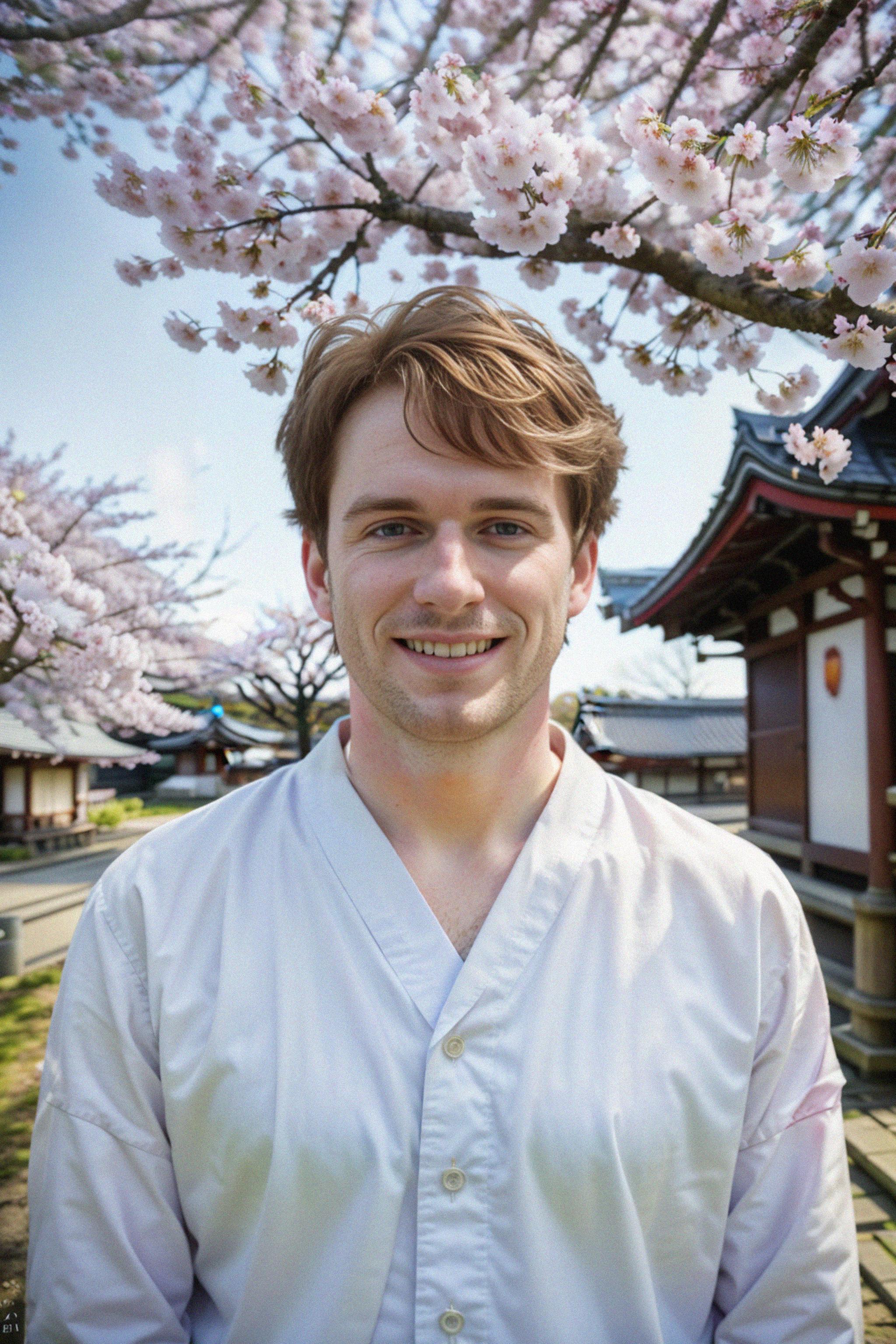 Smiling man in Japan with Japanese Cherry Blossom Trees and Japanese ...
