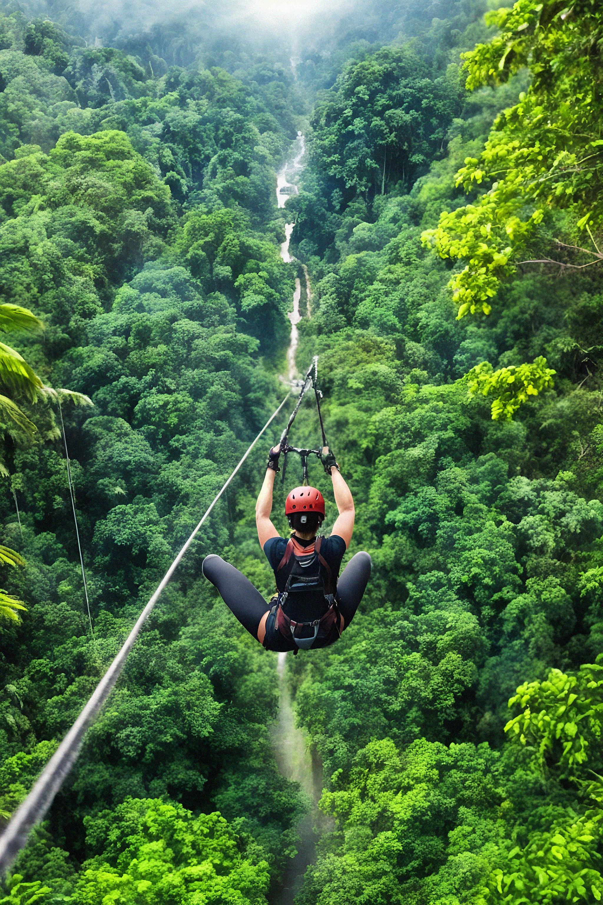 Person zip-lining through a tropical rainforest canopy - #8730028 ...
