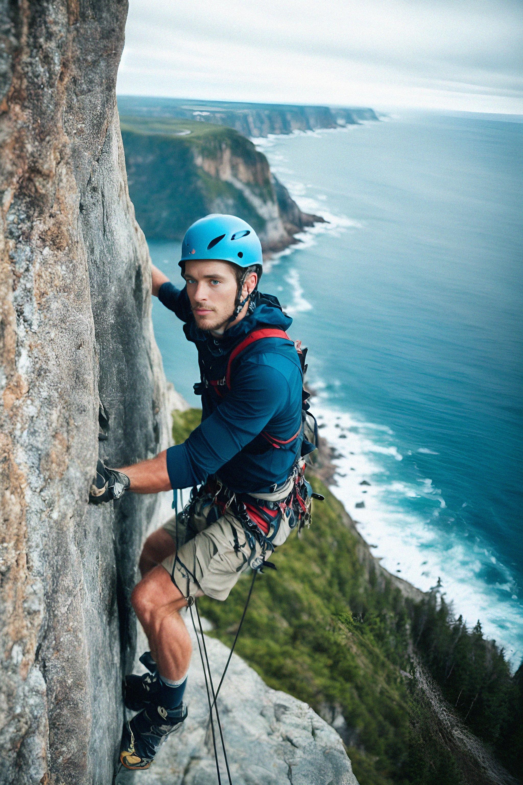 Man as adventurer rock climbing a daunting cliff with a breathtaking ...