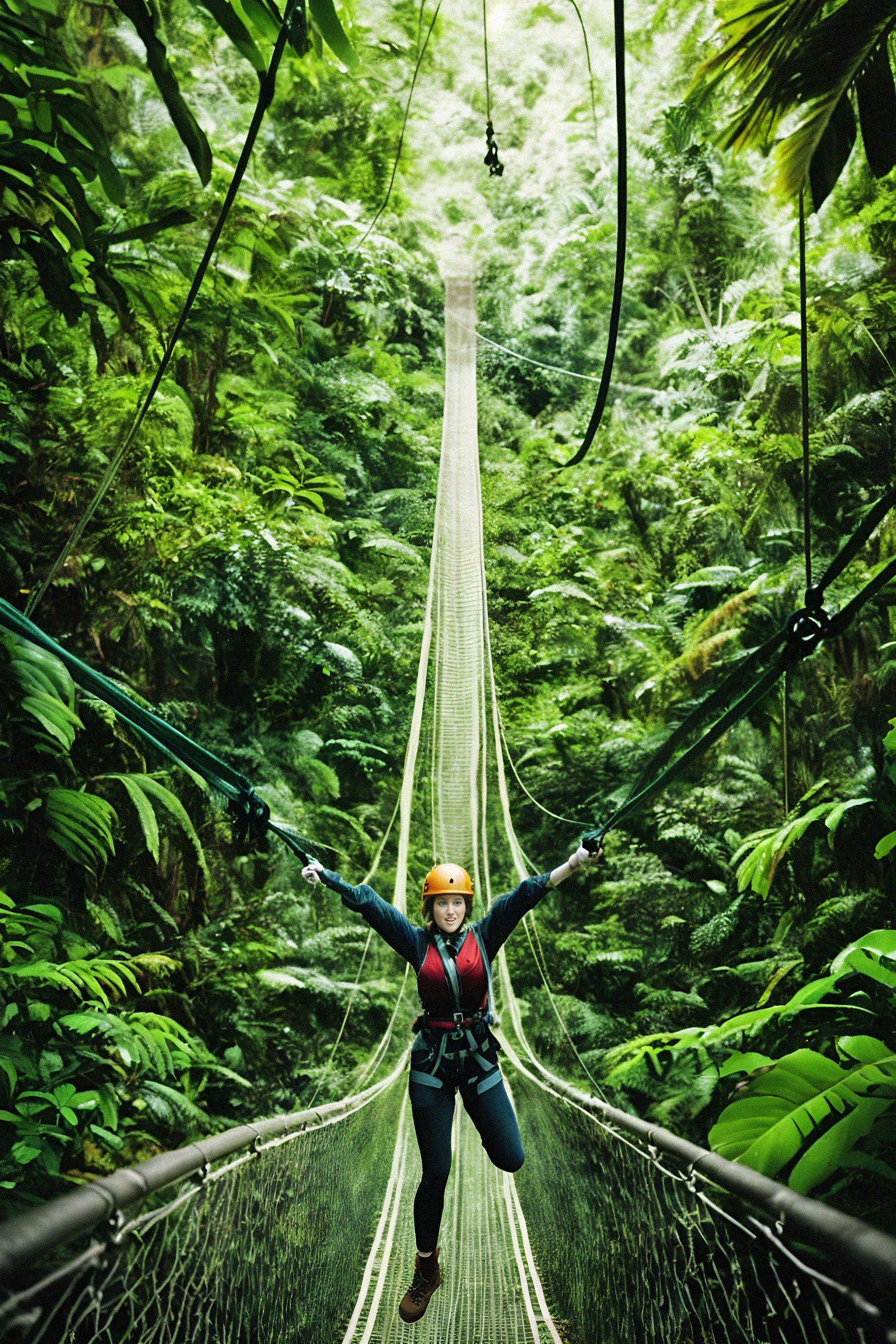 Person zip-lining through a tropical rainforest canopy - #8730079 ...