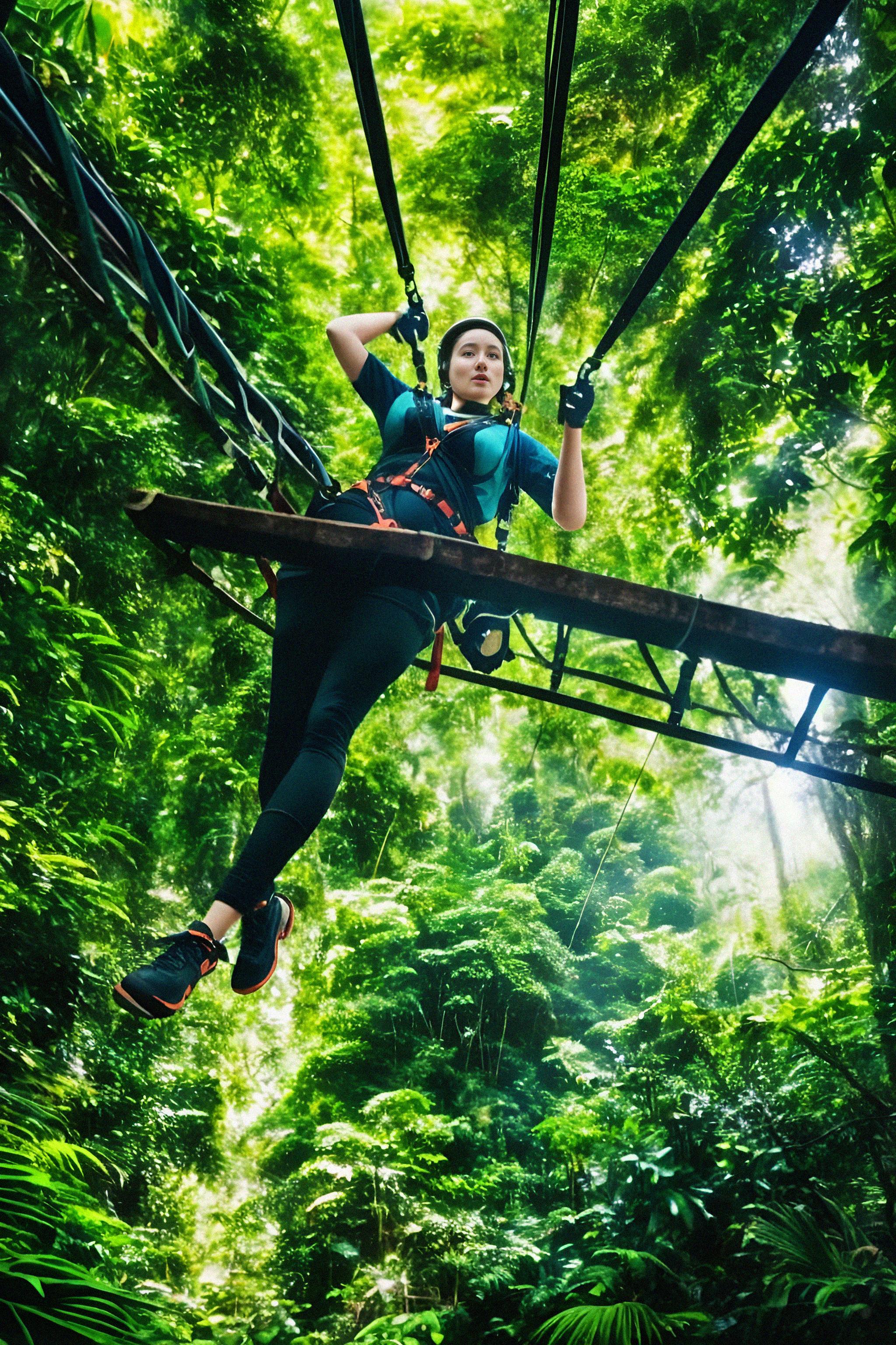 Person zip-lining through a tropical rainforest canopy - #8730091 ...