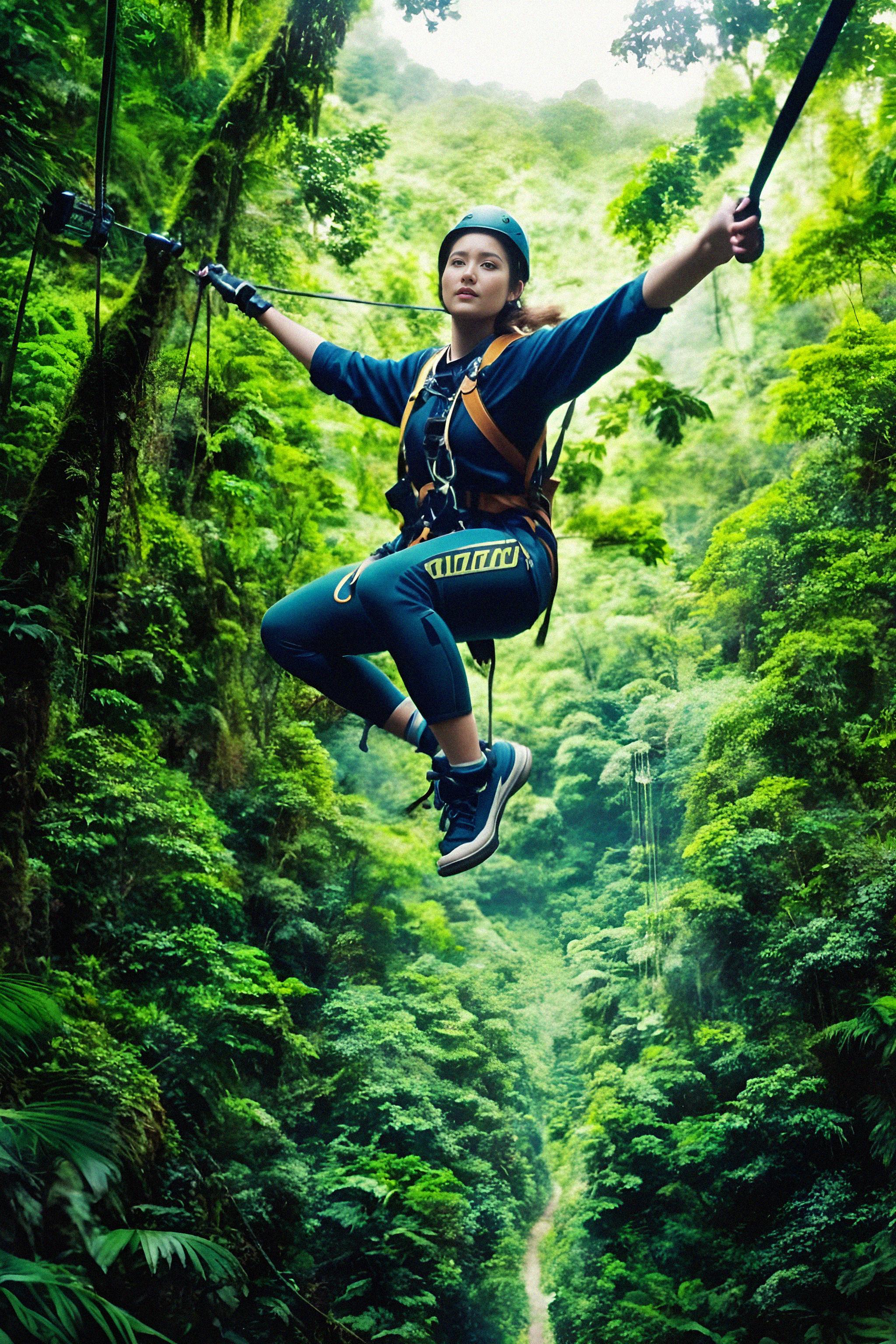 Person zip-lining through a tropical rainforest canopy - #8730114 ...