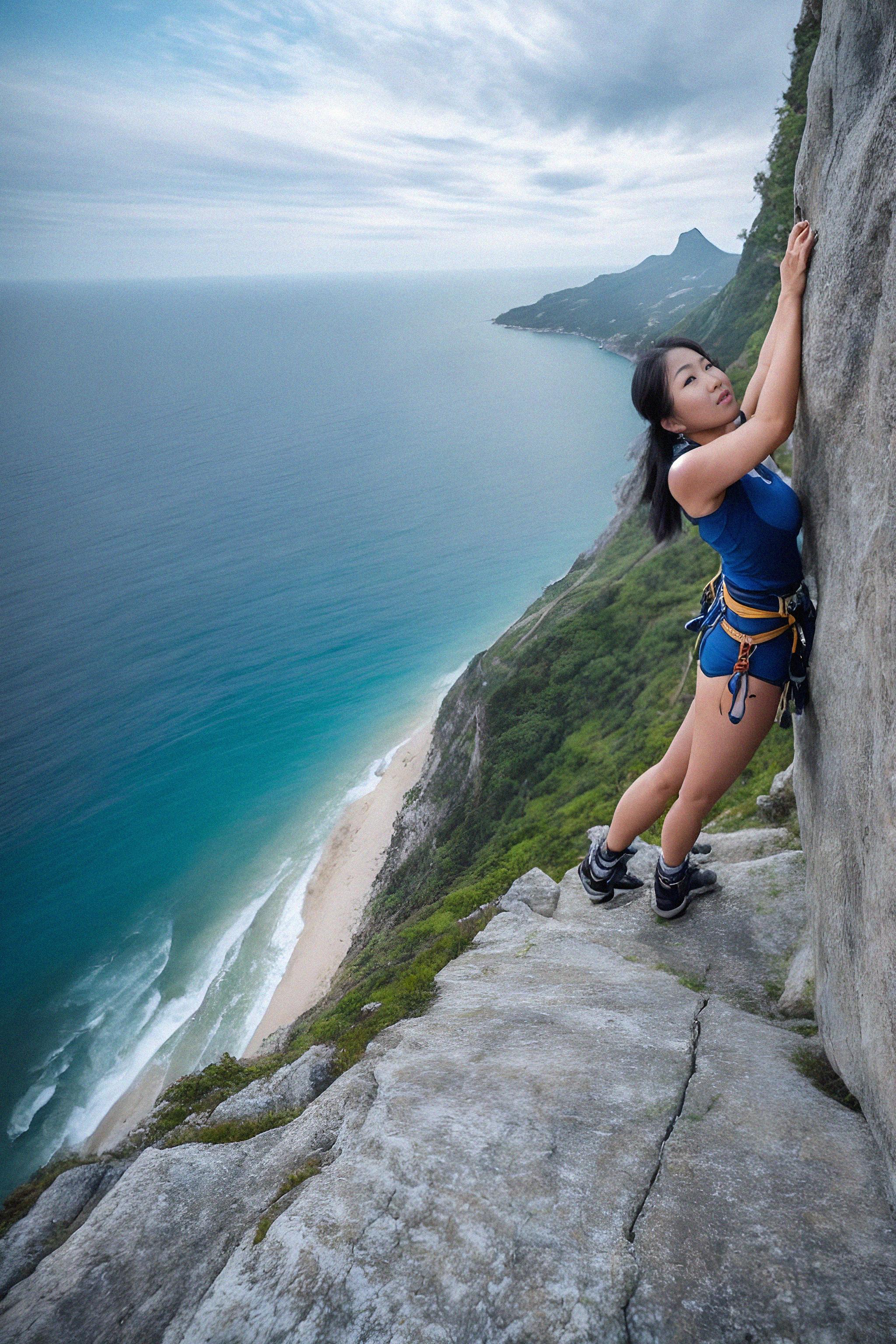 Woman as adventurer rock climbing a daunting cliff with a breathtaking ...