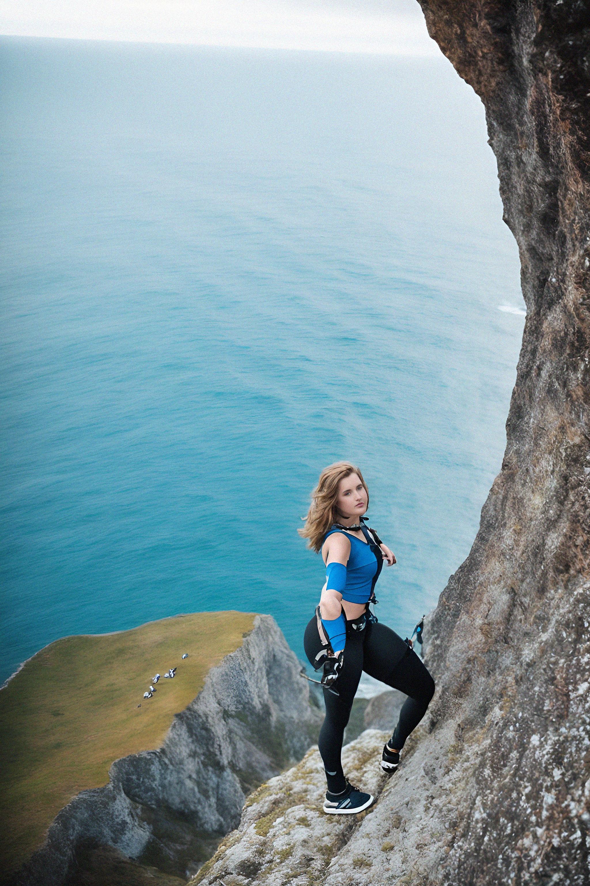 Woman as adventurer rock climbing a daunting cliff with a breathtaking ...