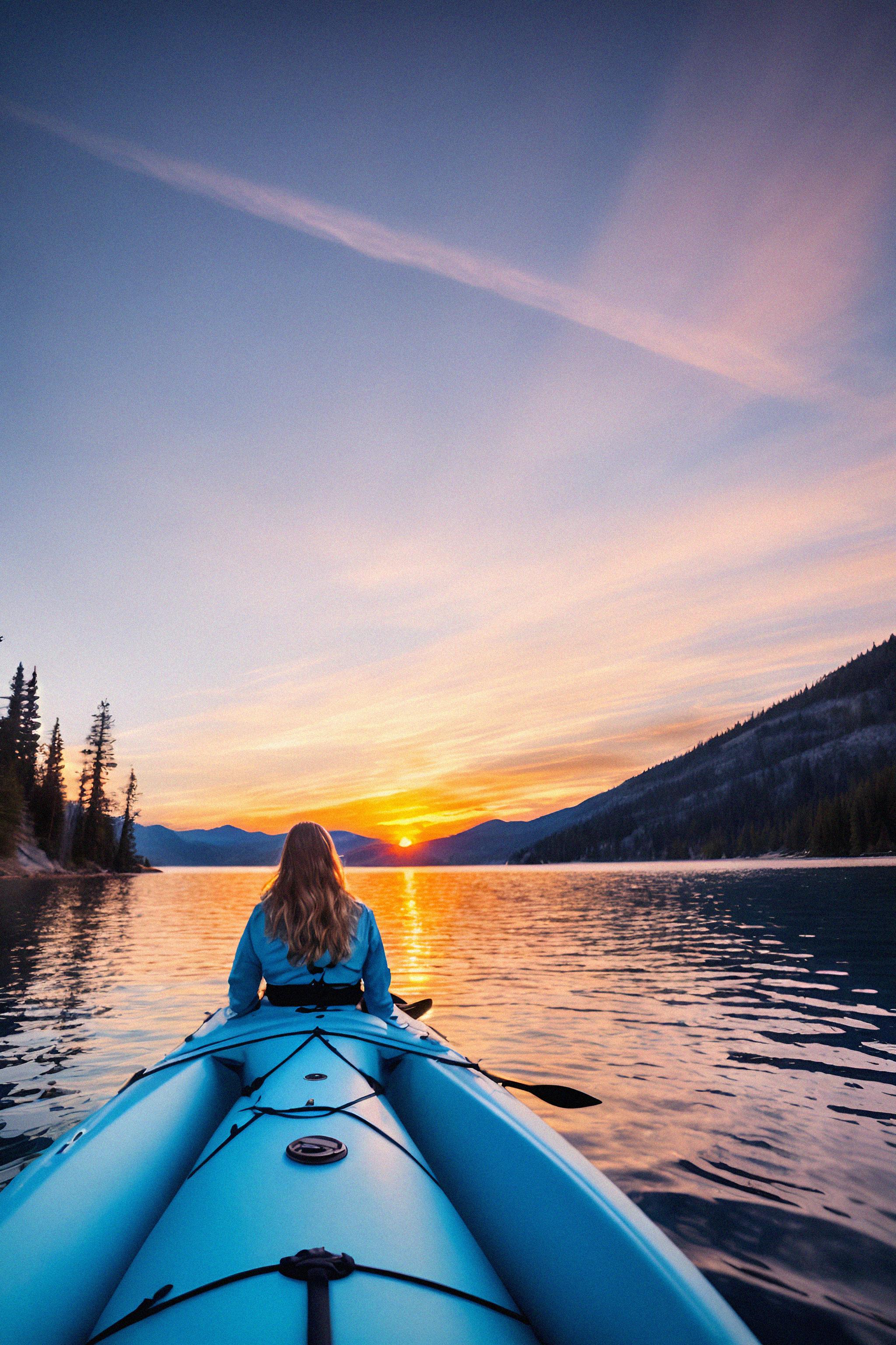 Woman as explorer kayaking in a serene lake with a mesmerizing sunset ...
