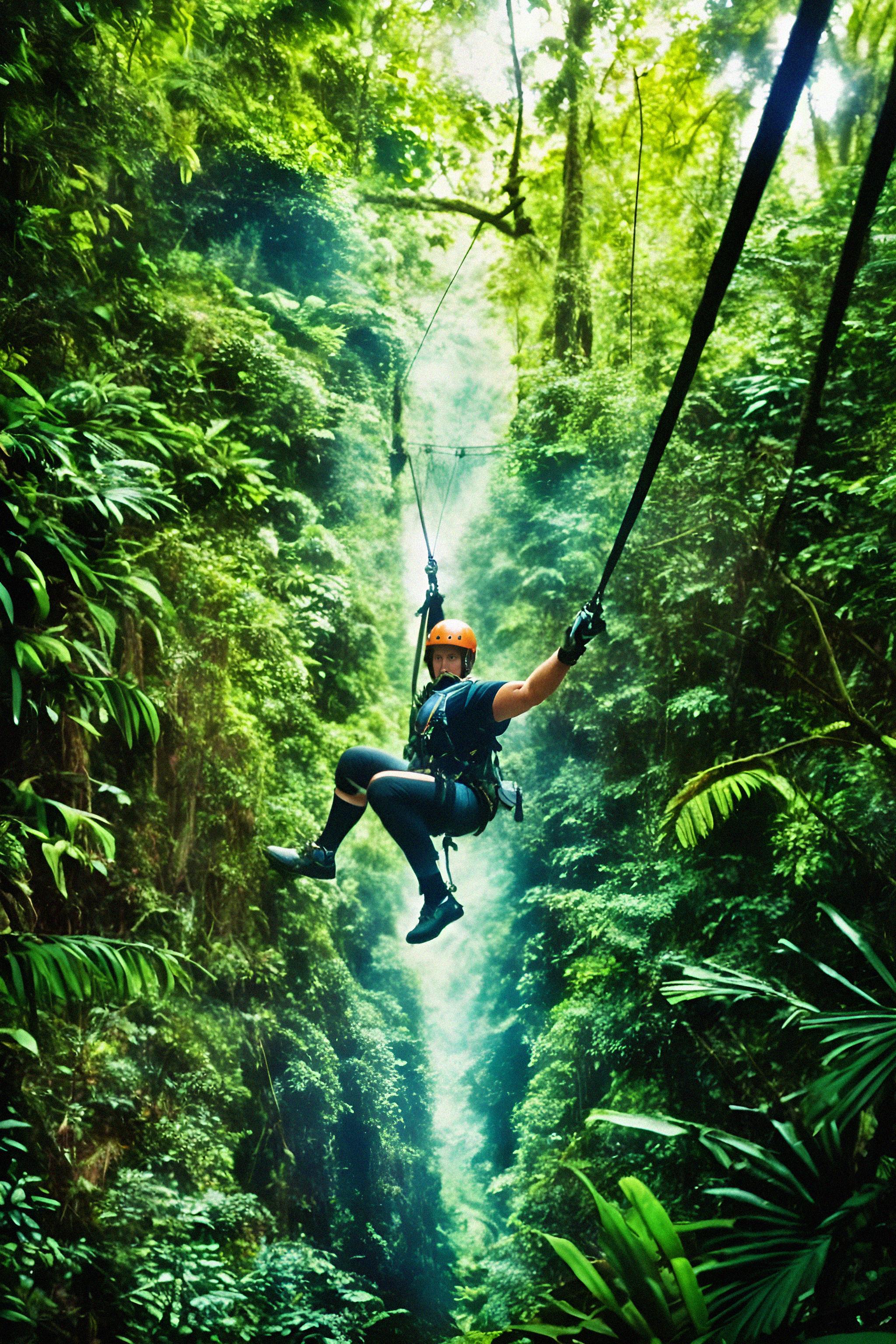Person zip-lining through a tropical rainforest canopy - #8730295 ...