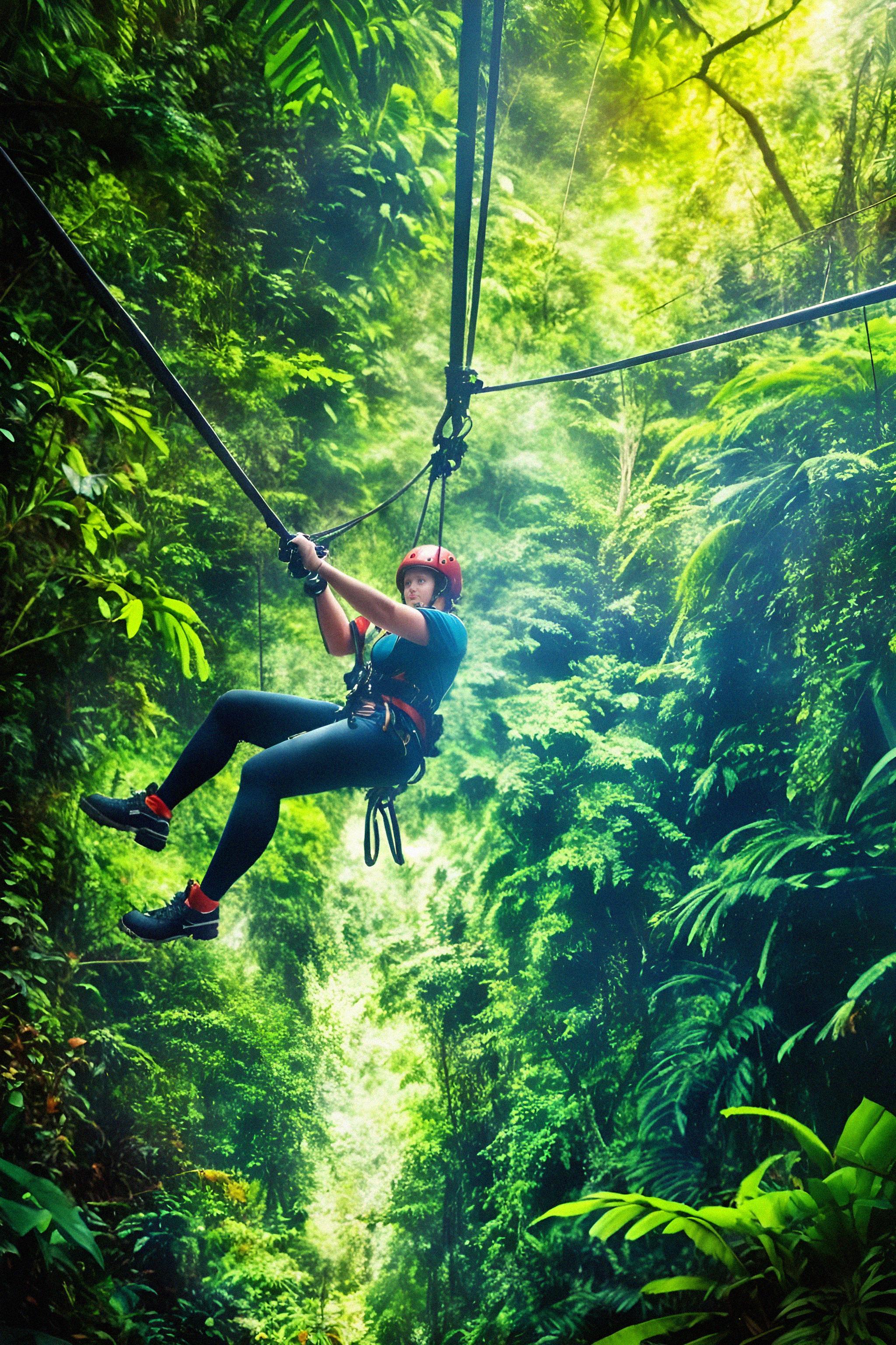 Person zip-lining through a tropical rainforest canopy - #8730304 ...