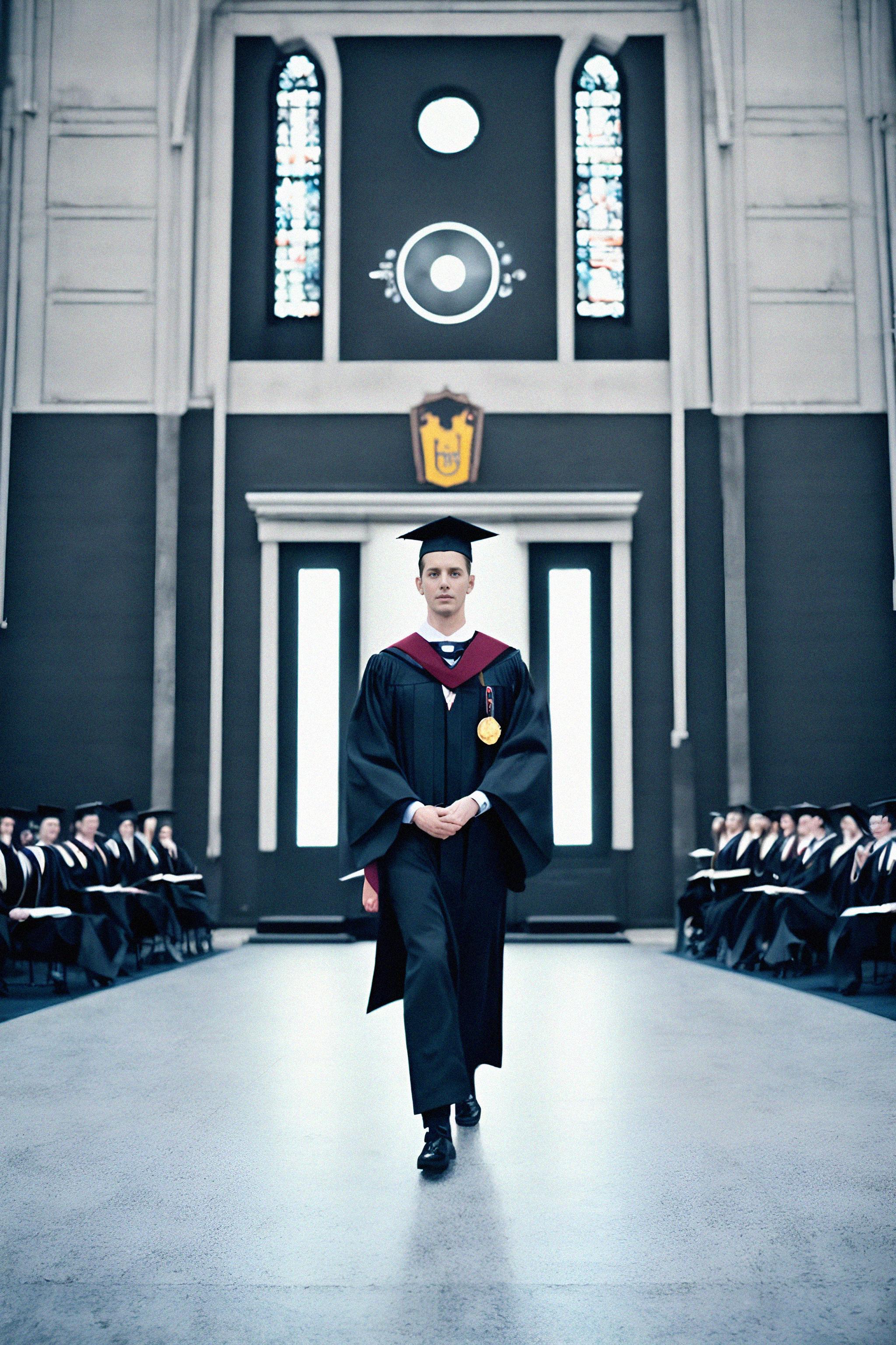 A graduate man in their academic gown and mortarboard, walking across ...