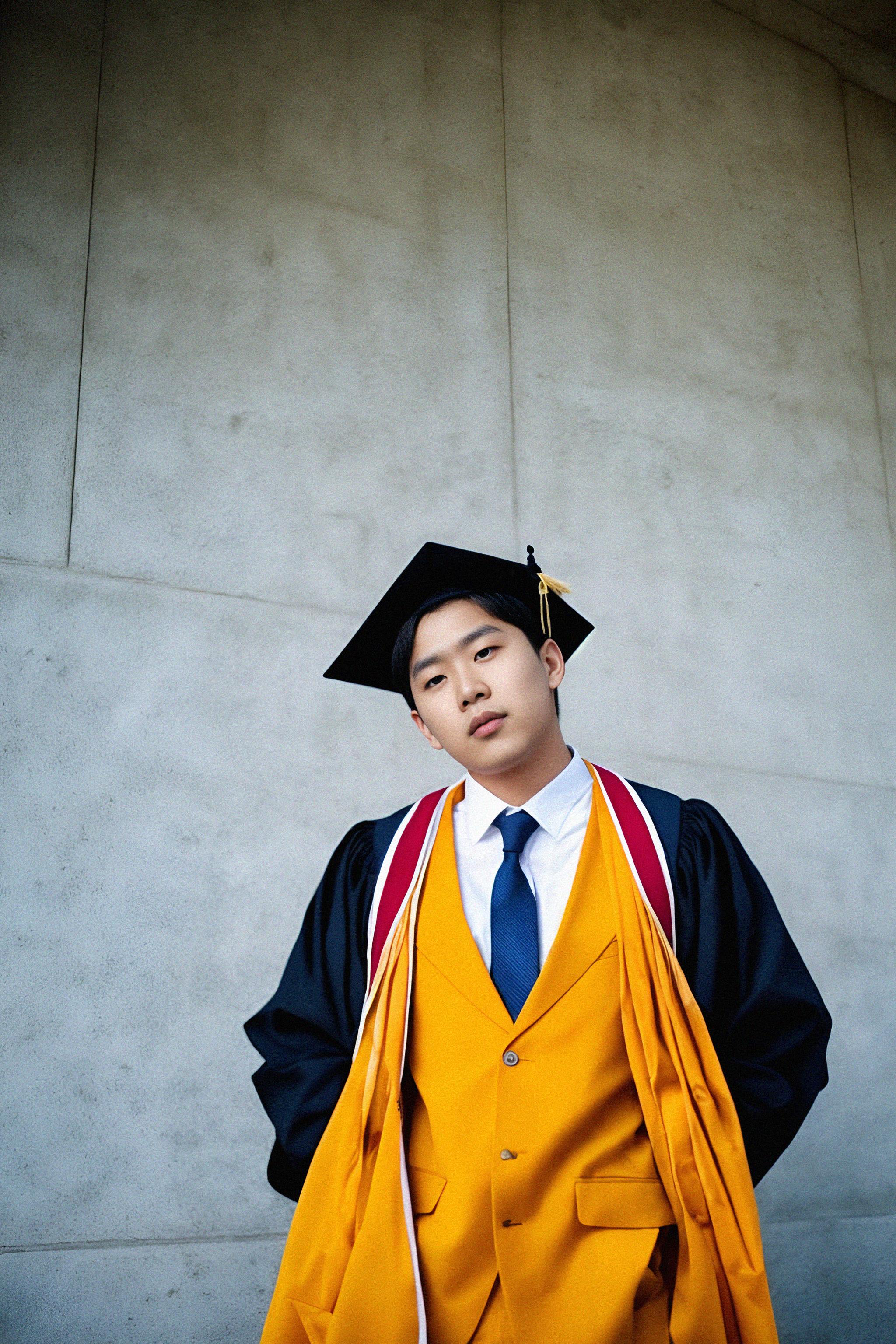 A graduate man in their academic regalia, standing in front of their ...