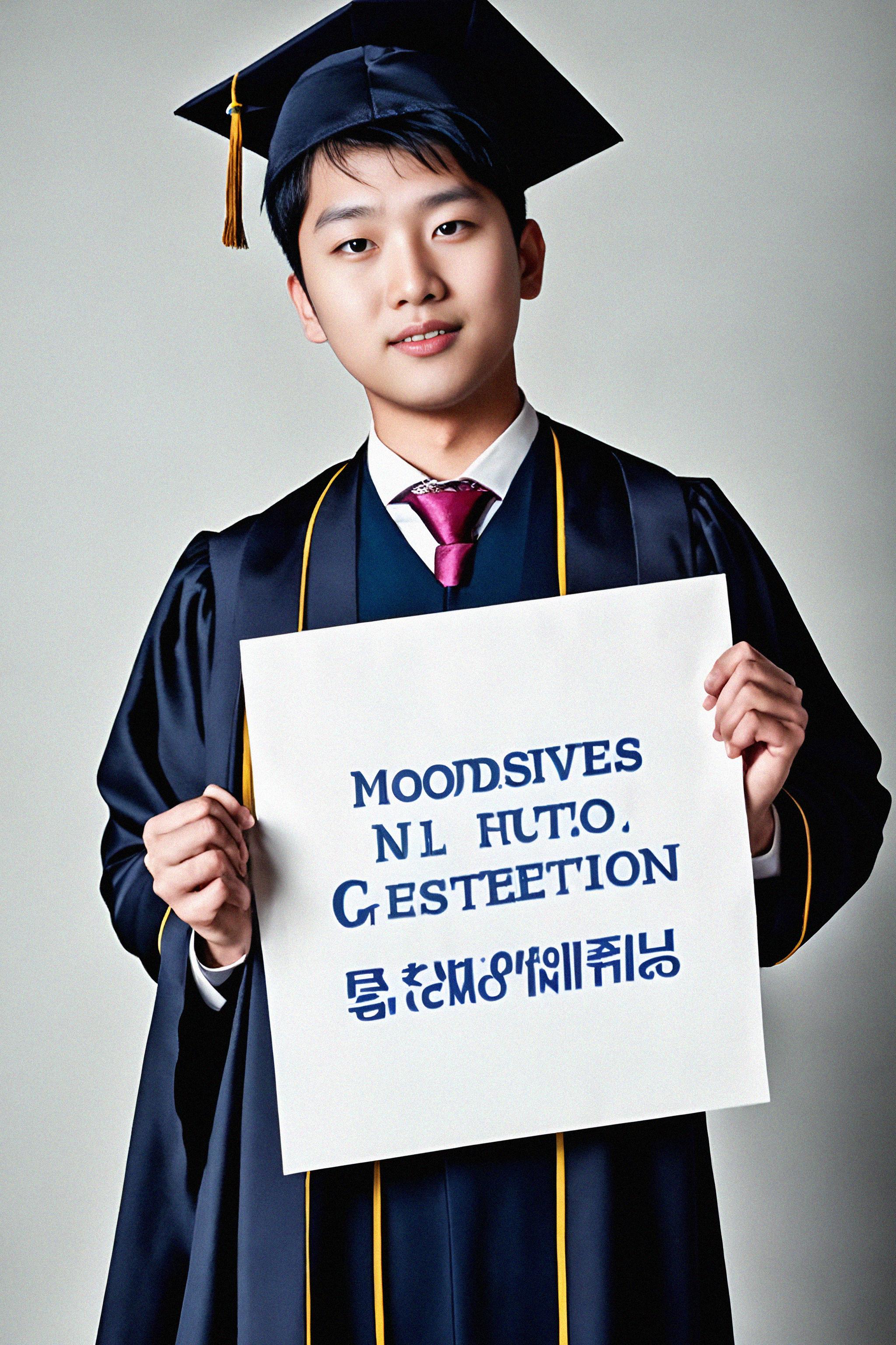 A graduate man in their academic gown, holding a sign with their future ...