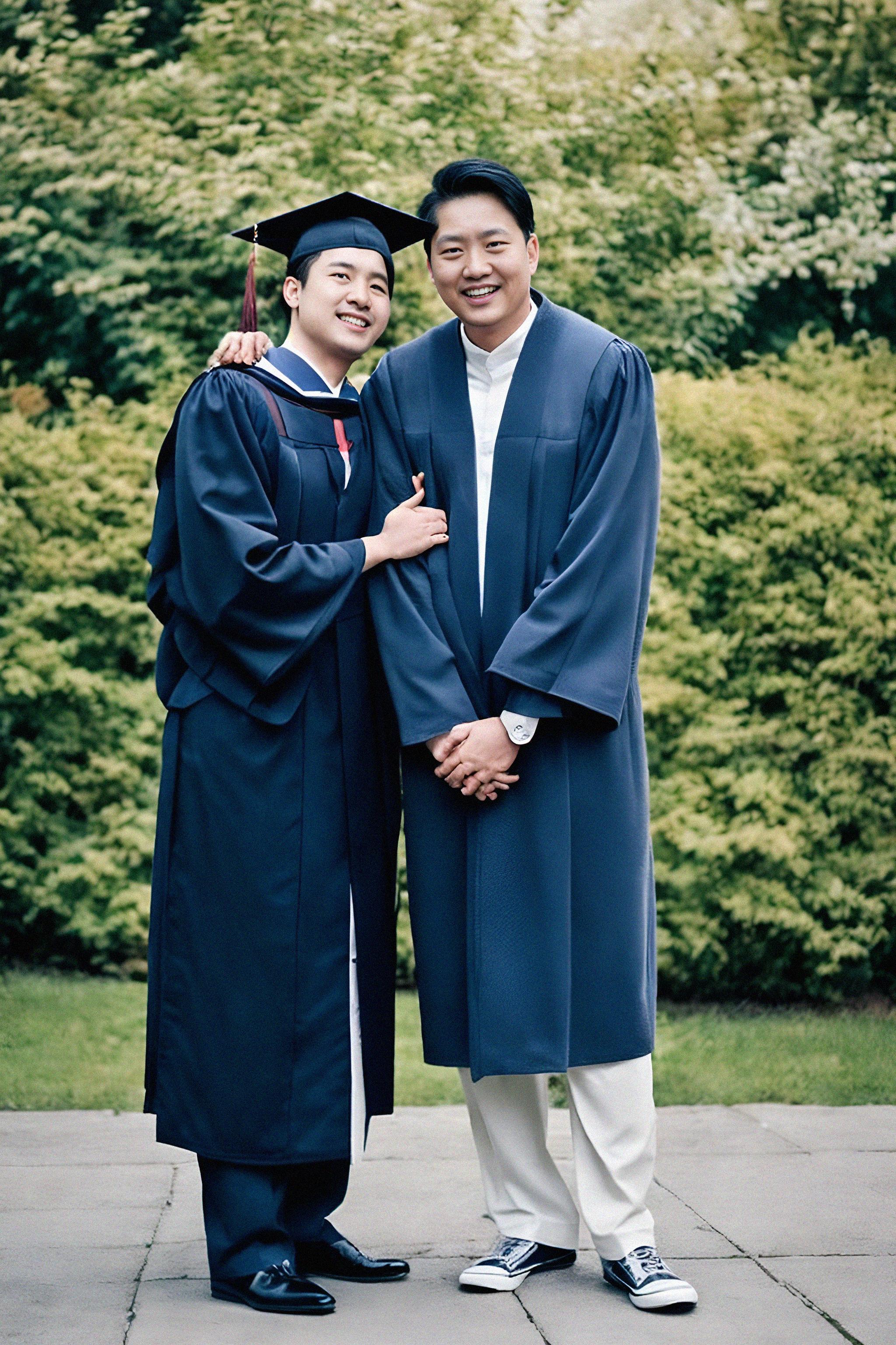 A graduate man in their academic gown, hugging their parents or loved ...