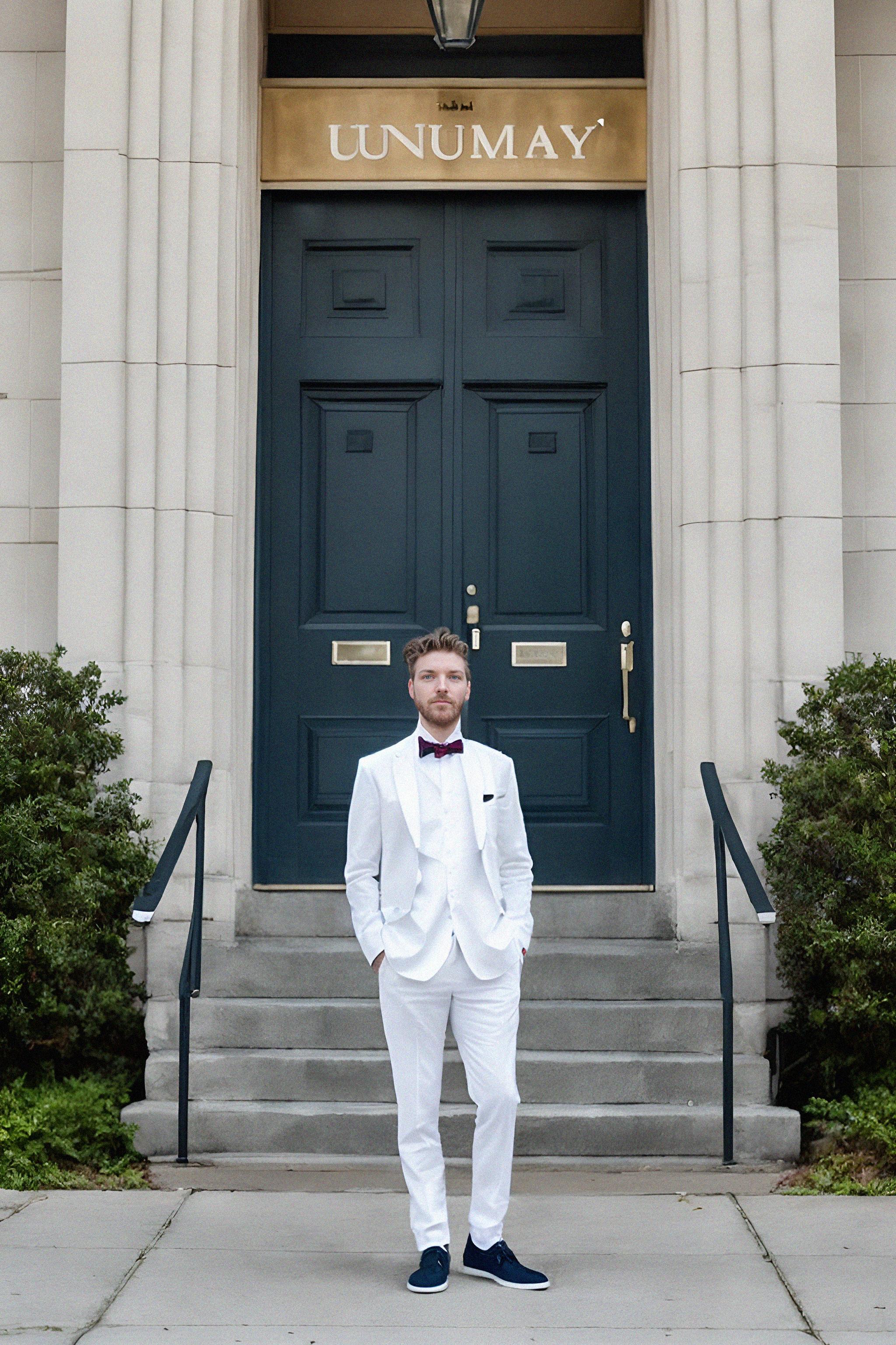 A graduate man in their academic regalia, standing in front of their ...