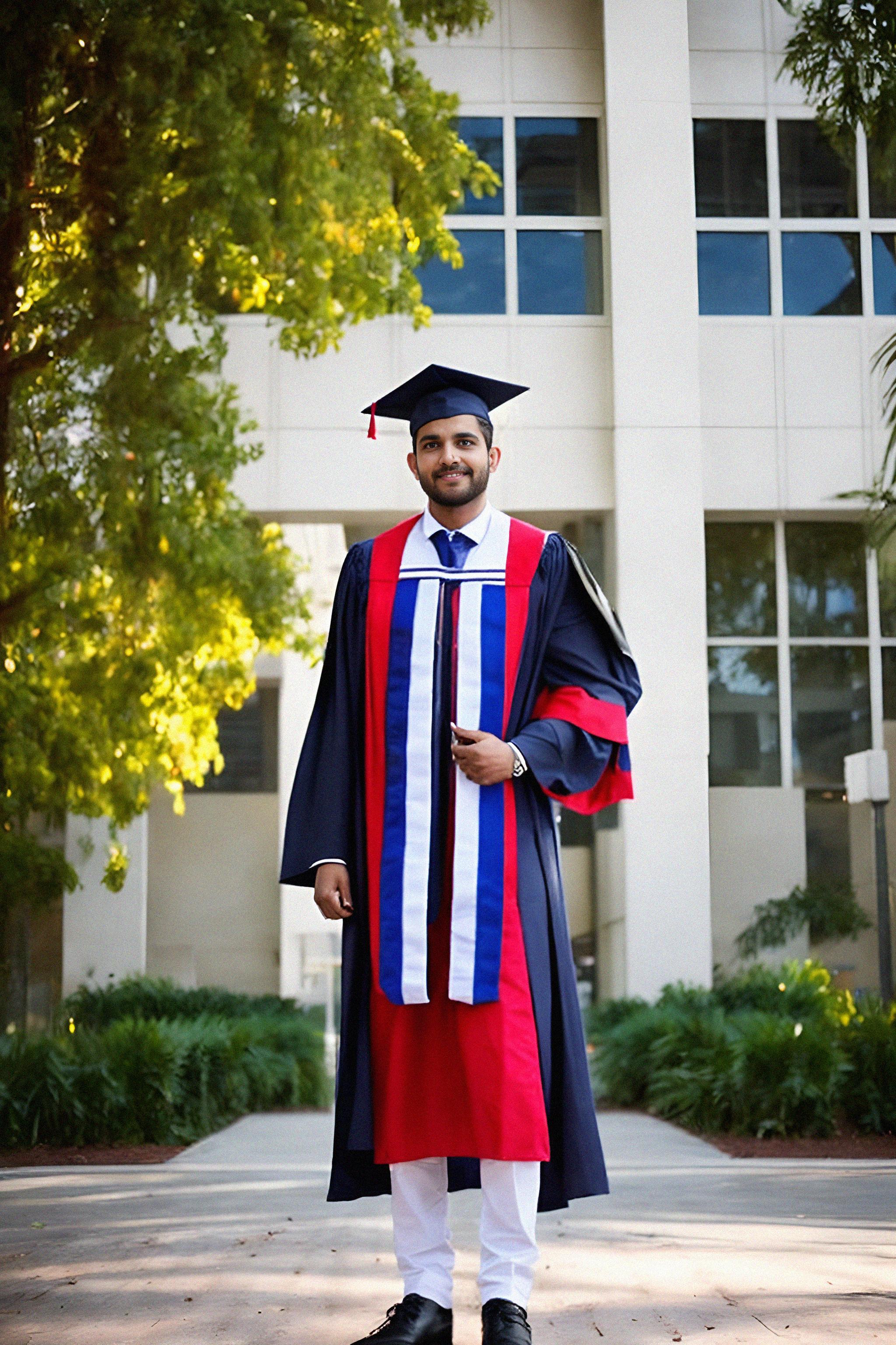 A graduate man in their academic regalia, standing in front of their ...