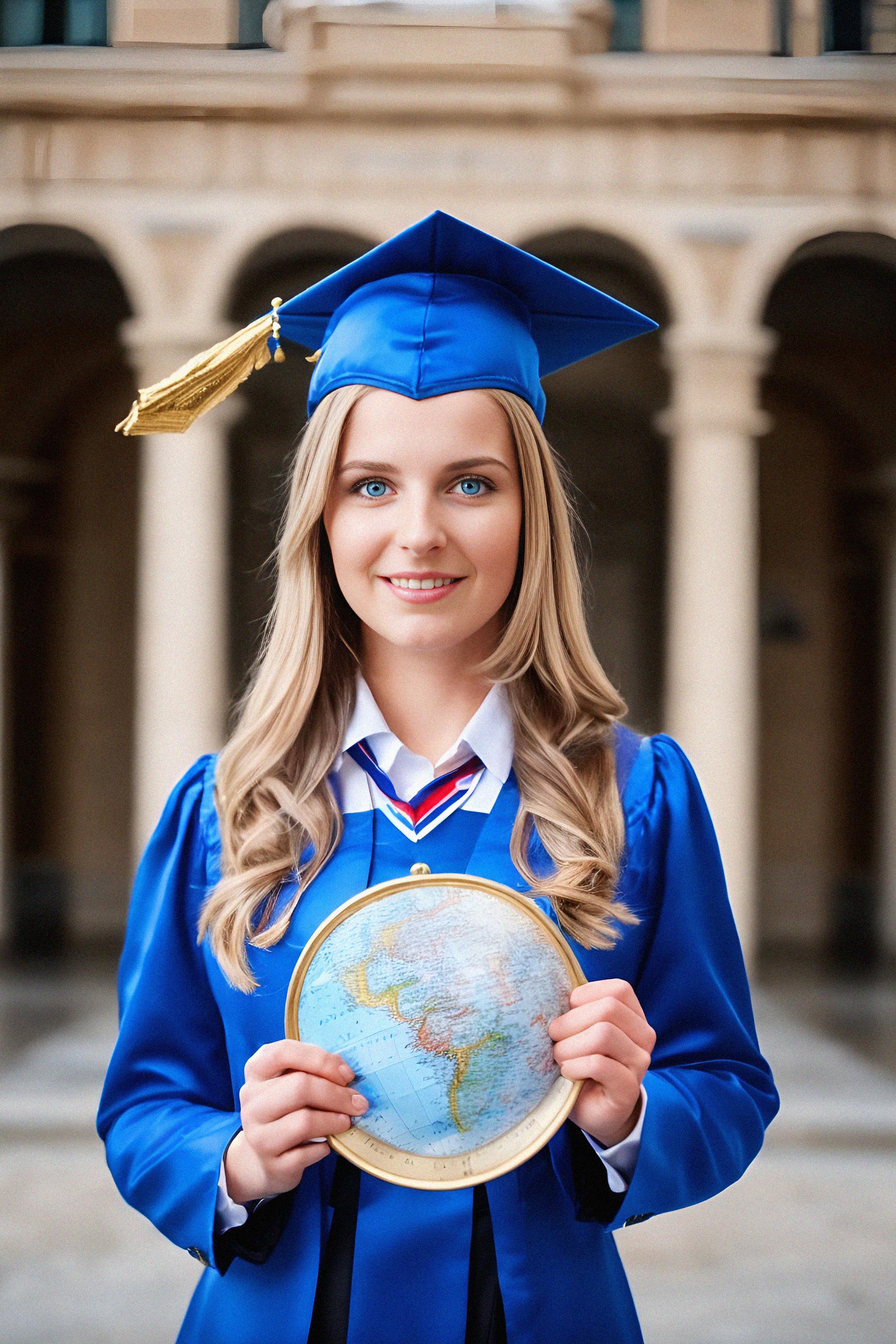A graduate woman in their academic regalia, holding a globe or a map ...