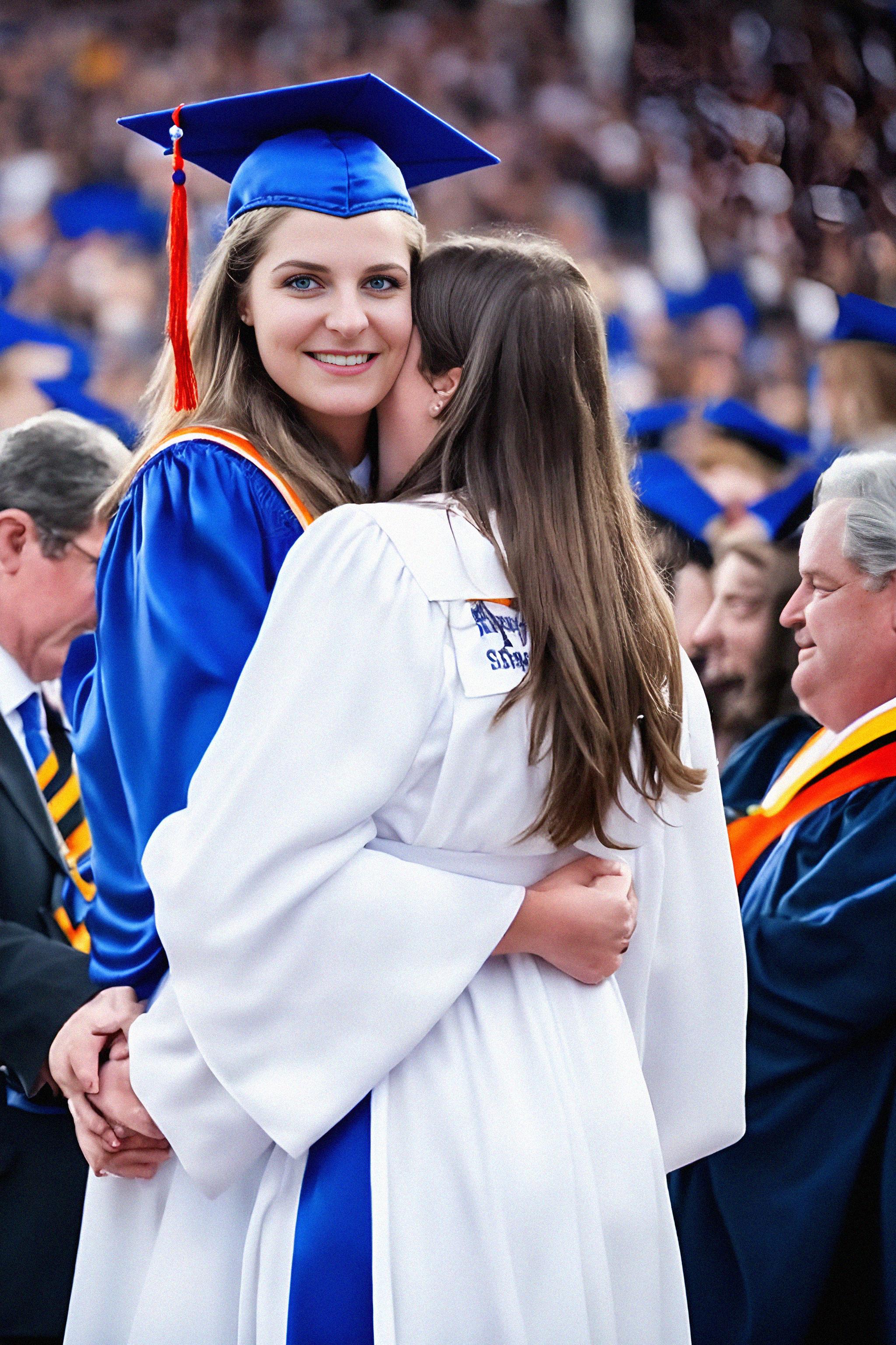 A graduate woman in their academic gown, hugging their parents or loved ...