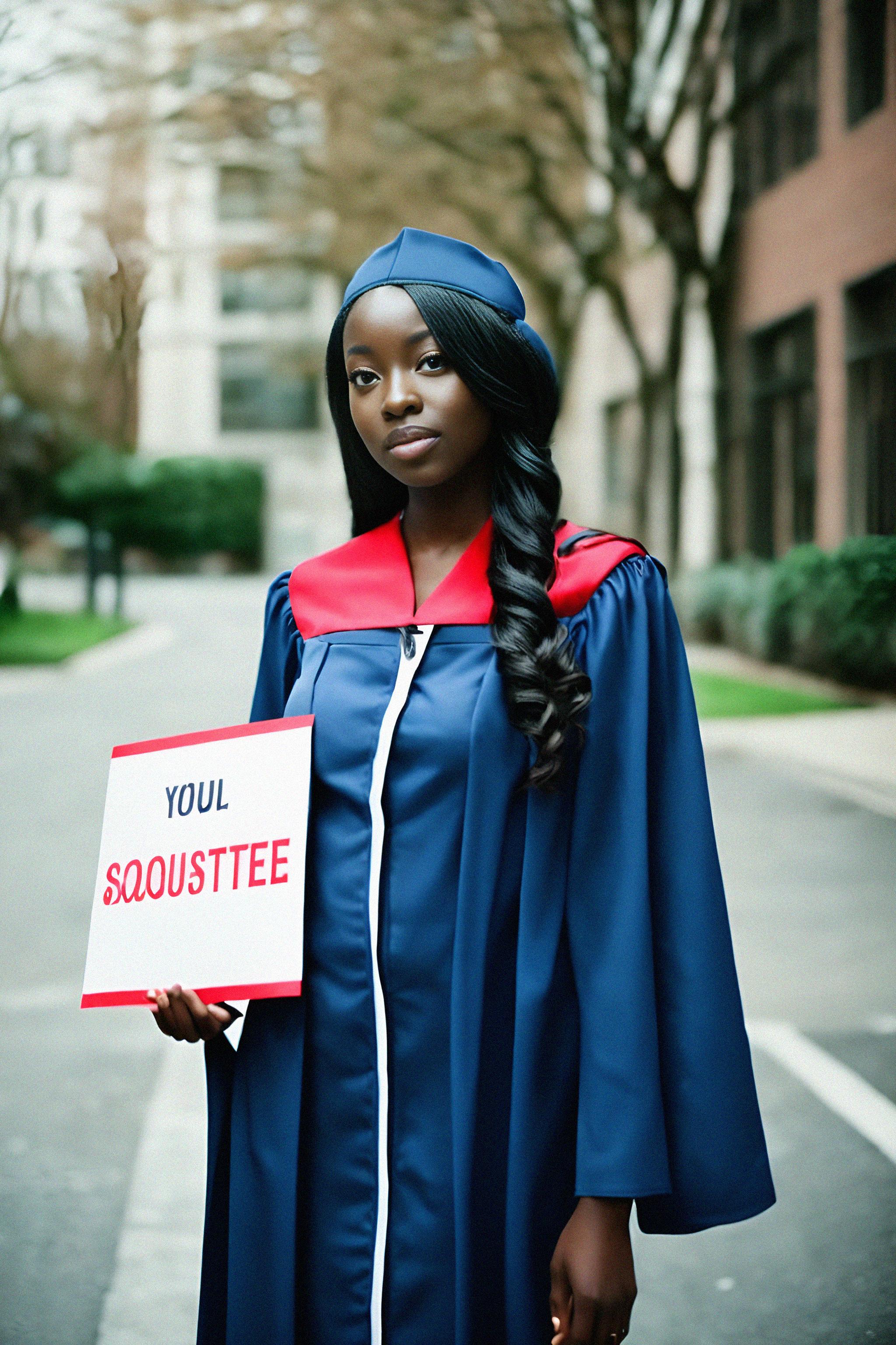 A graduate woman in their academic gown, holding a sign with their ...
