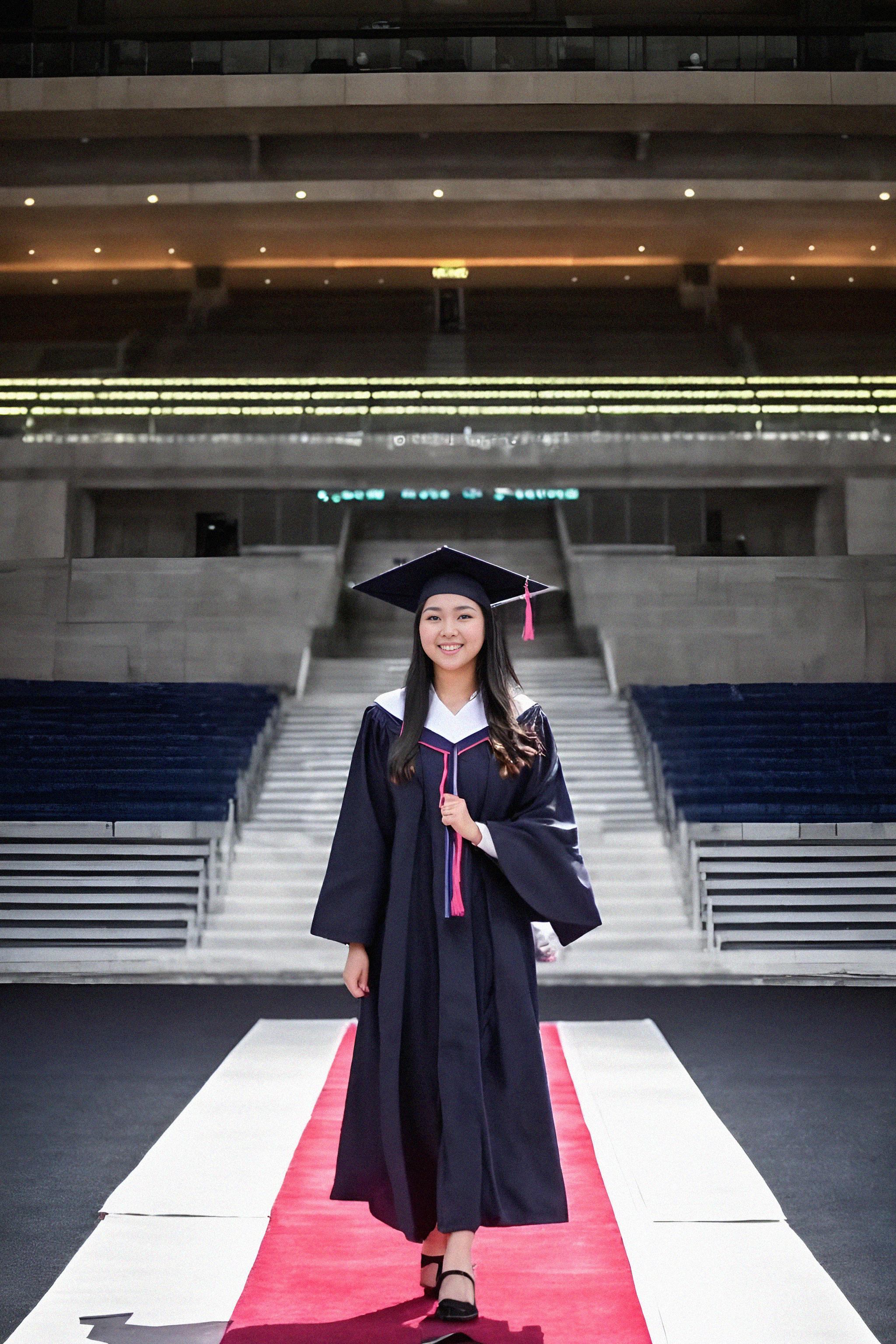 A graduate woman in their academic gown and mortarboard, walking across ...