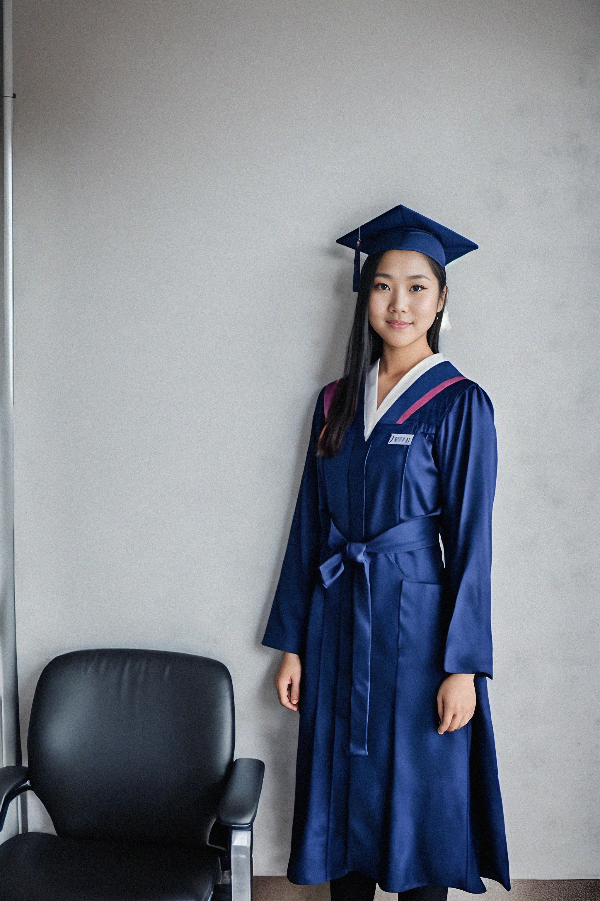 A graduate woman in their academic gown, holding a sign with their ...