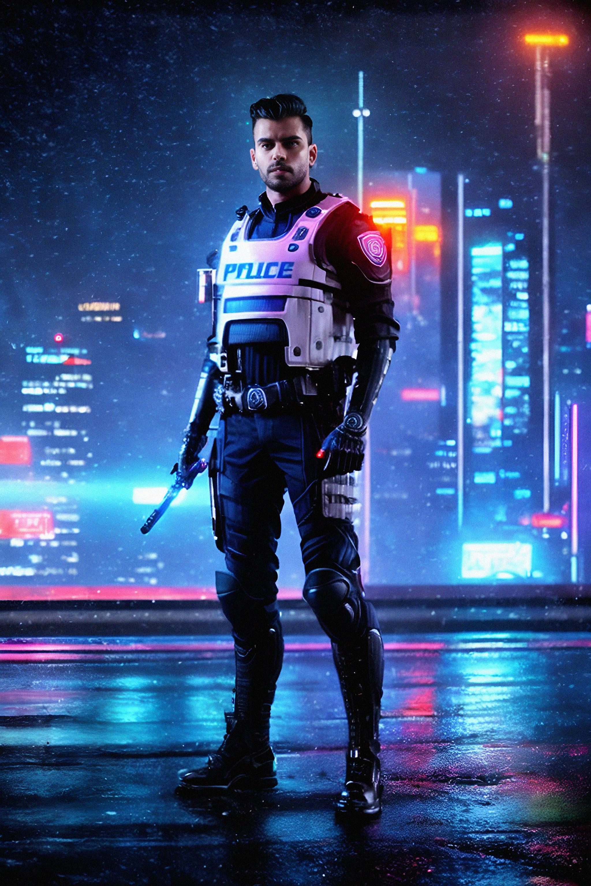 Man as futuristic beautiful cyberpunk police officer, in heavy rainning ...
