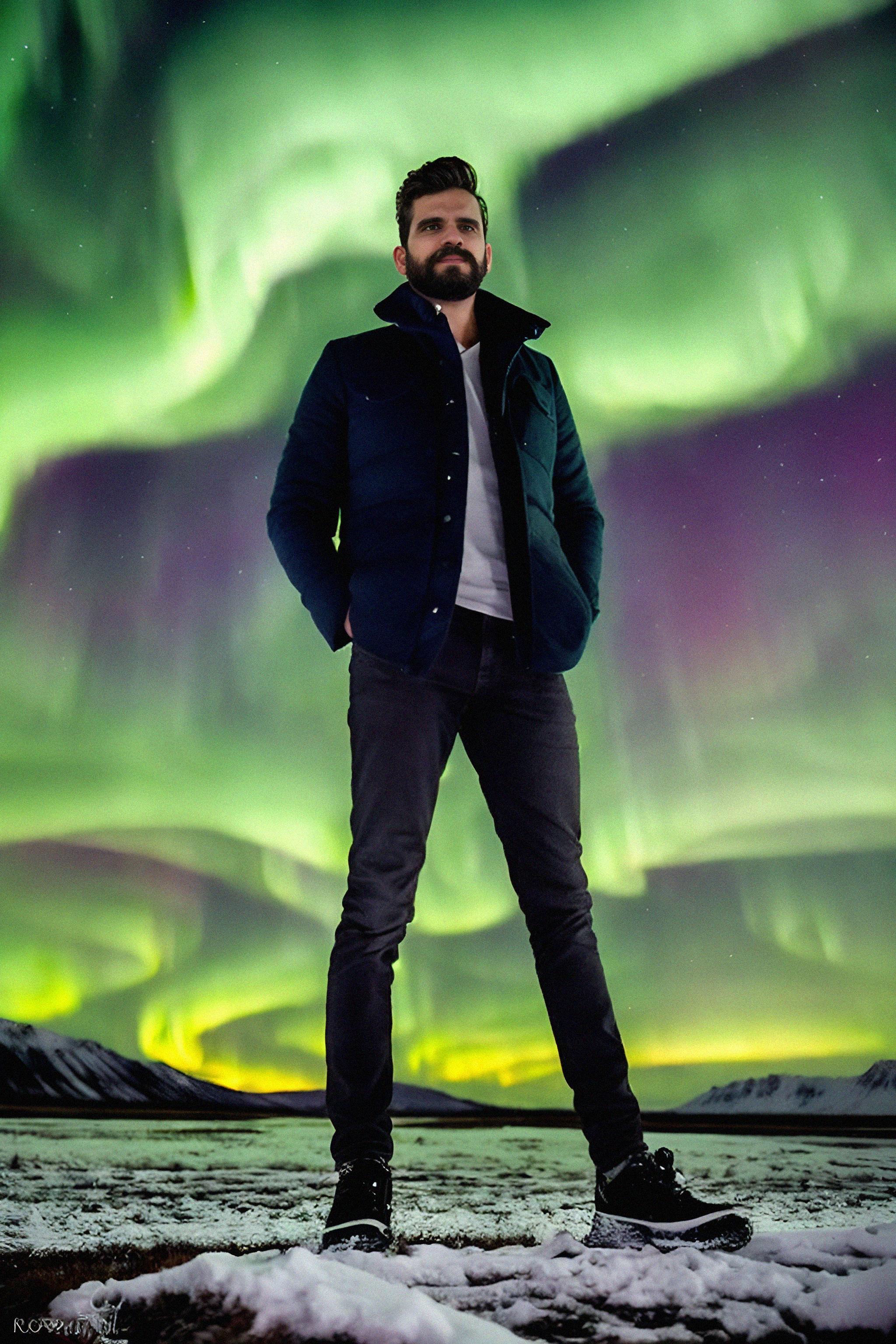 Man at night at the Northern Lights Aurora Borealis - #8732182 ...