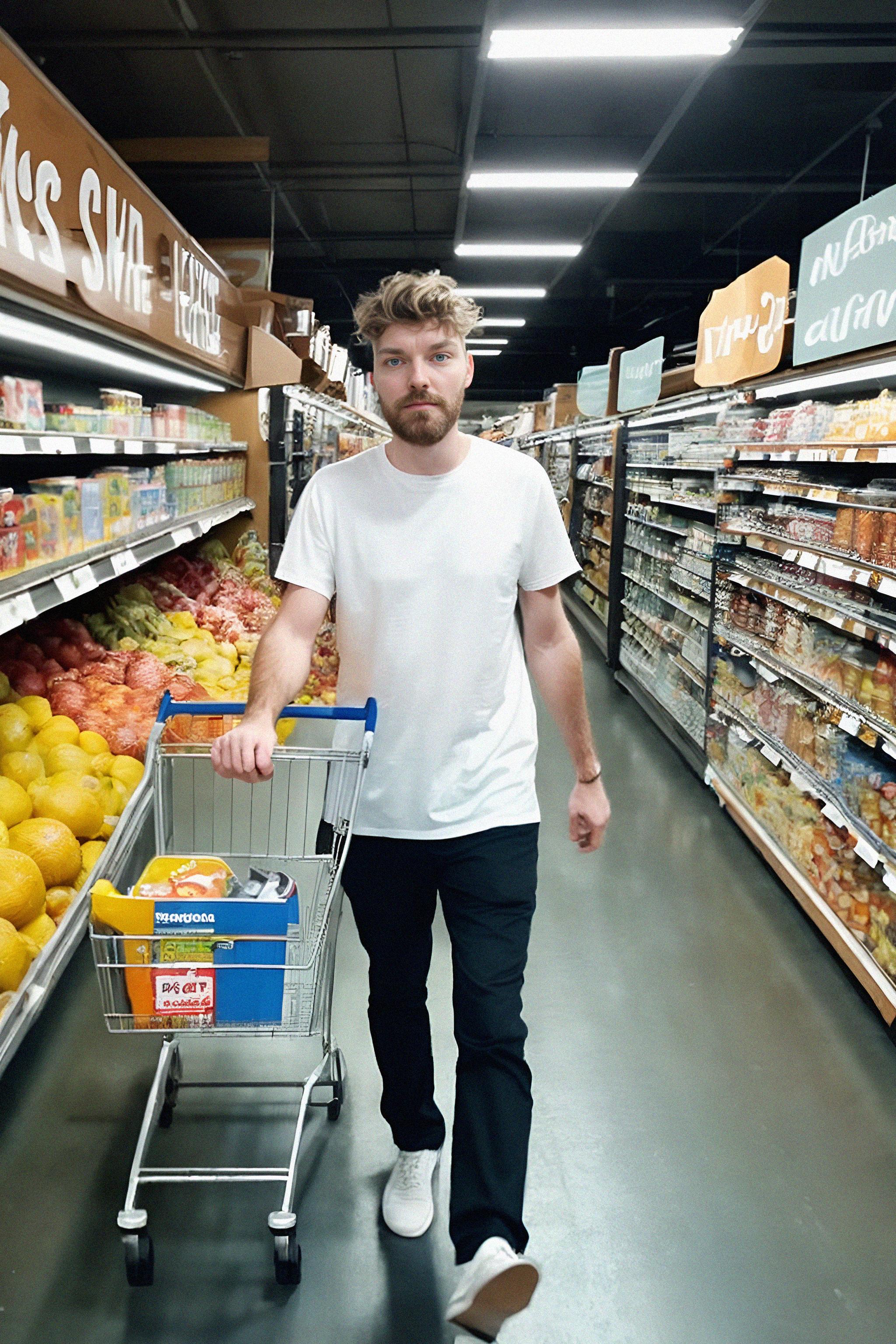 Man in Supermarket walking with Shopping Cart in the Supermarket Aisle ...
