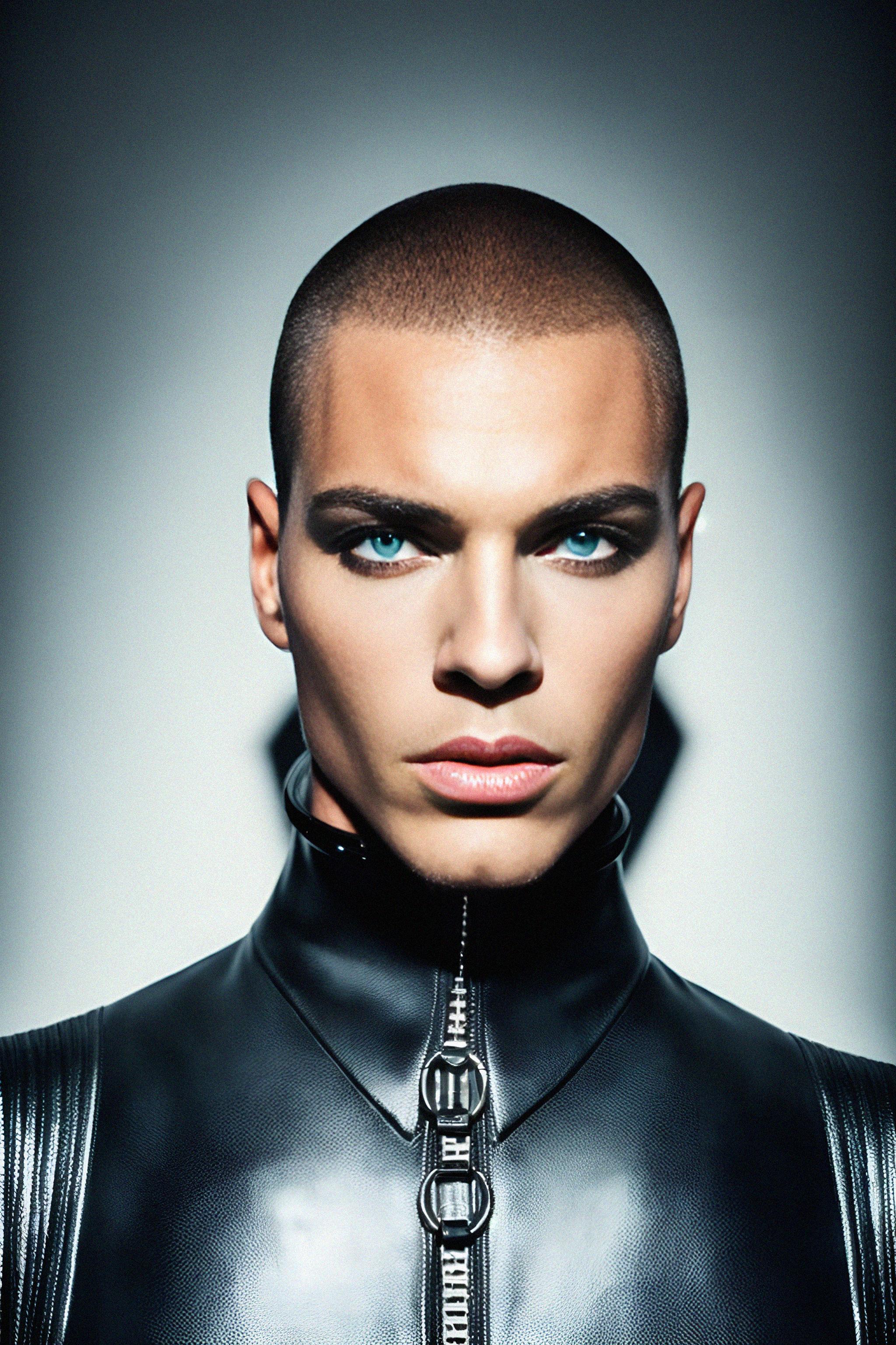 Man face, gorgeous dominatrix shot, one face, futuristic fashion ...
