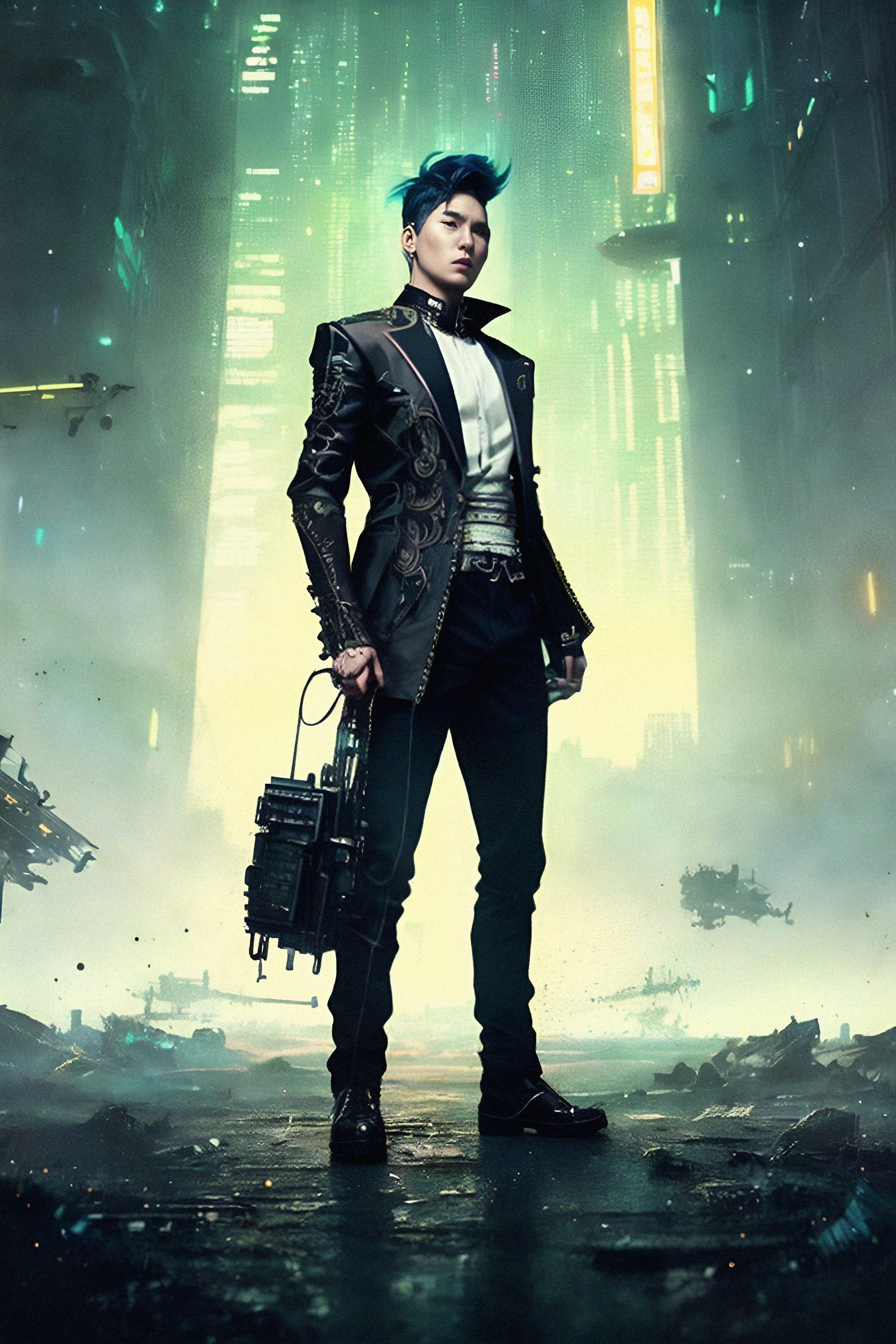 Man as a soft lustrous biotech raver gutter punk gothic cyborg, golden ...