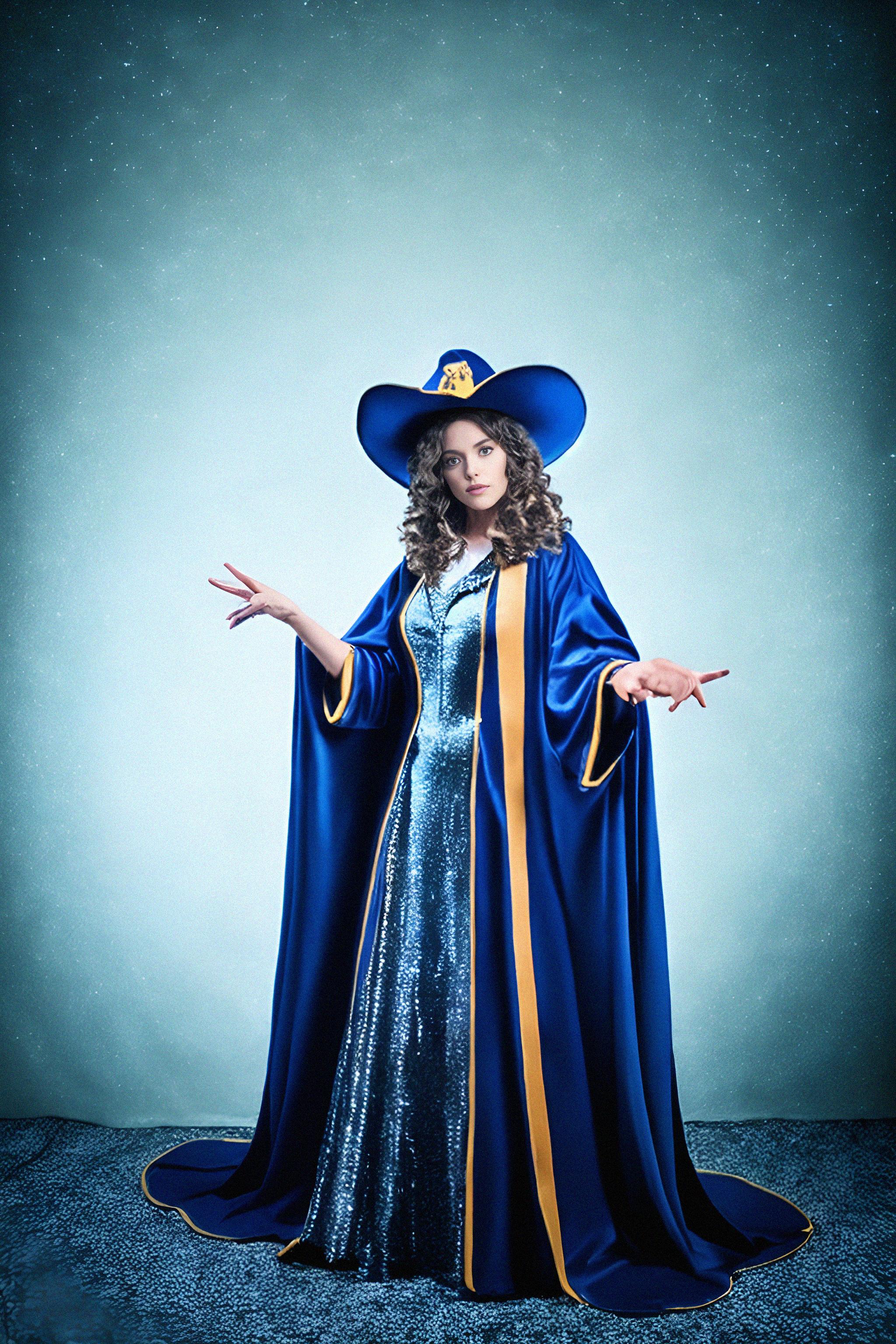 Woman as a Wizard with a Wizard robe and big hat, crystal magic ...