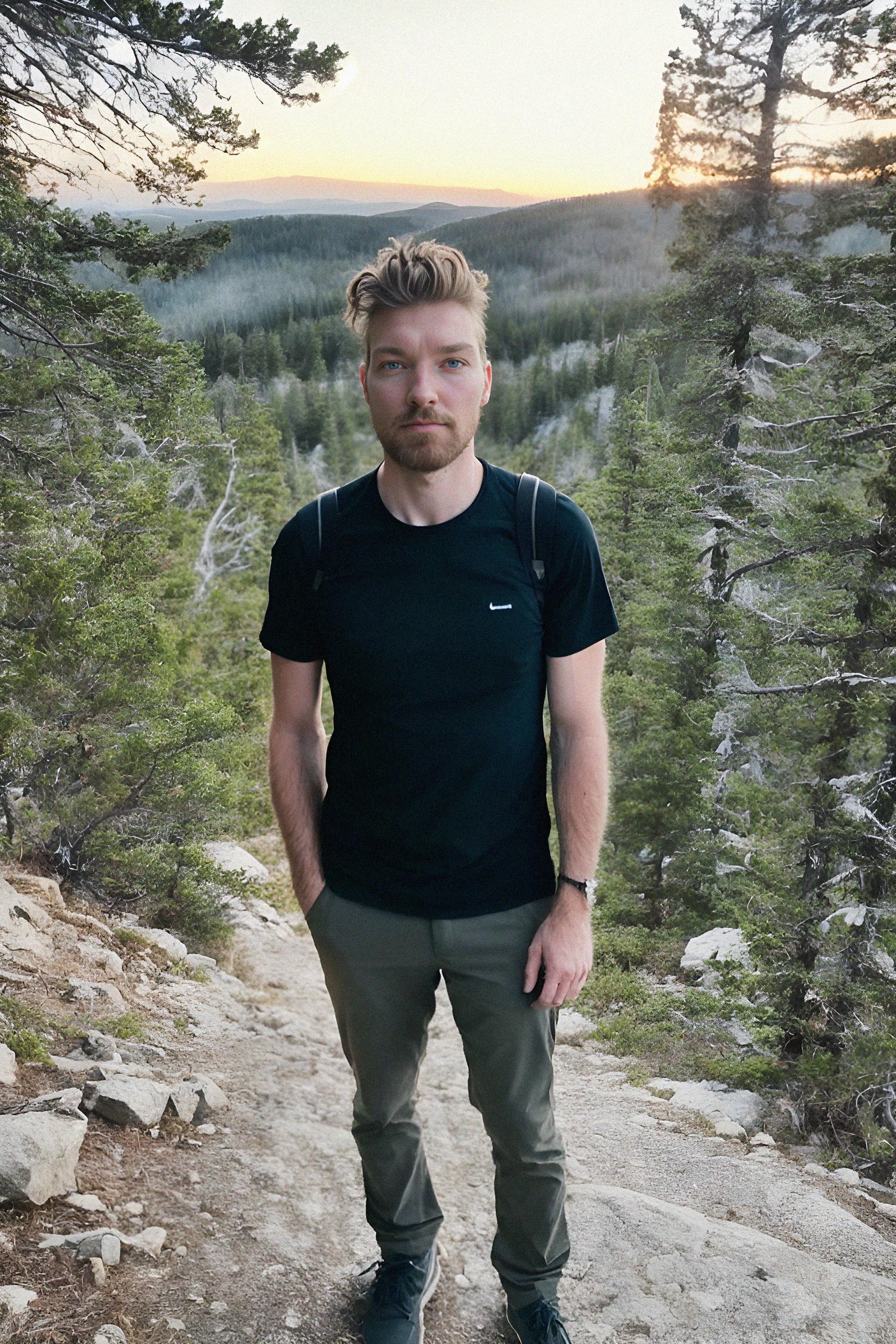 An adventurous masculine man hiking in the mountains, enjoying the ...