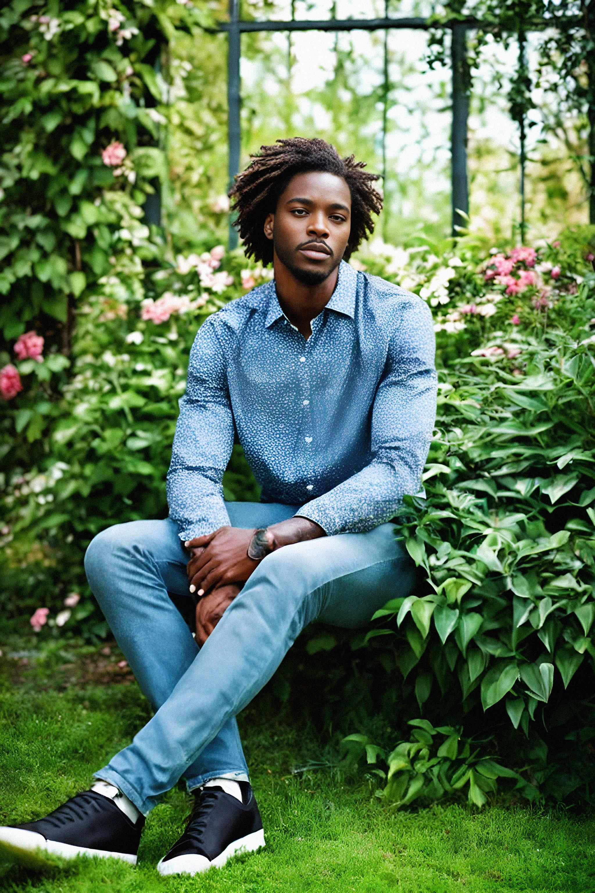 A captivating masculine man embracing nature, surrounded by lush ...