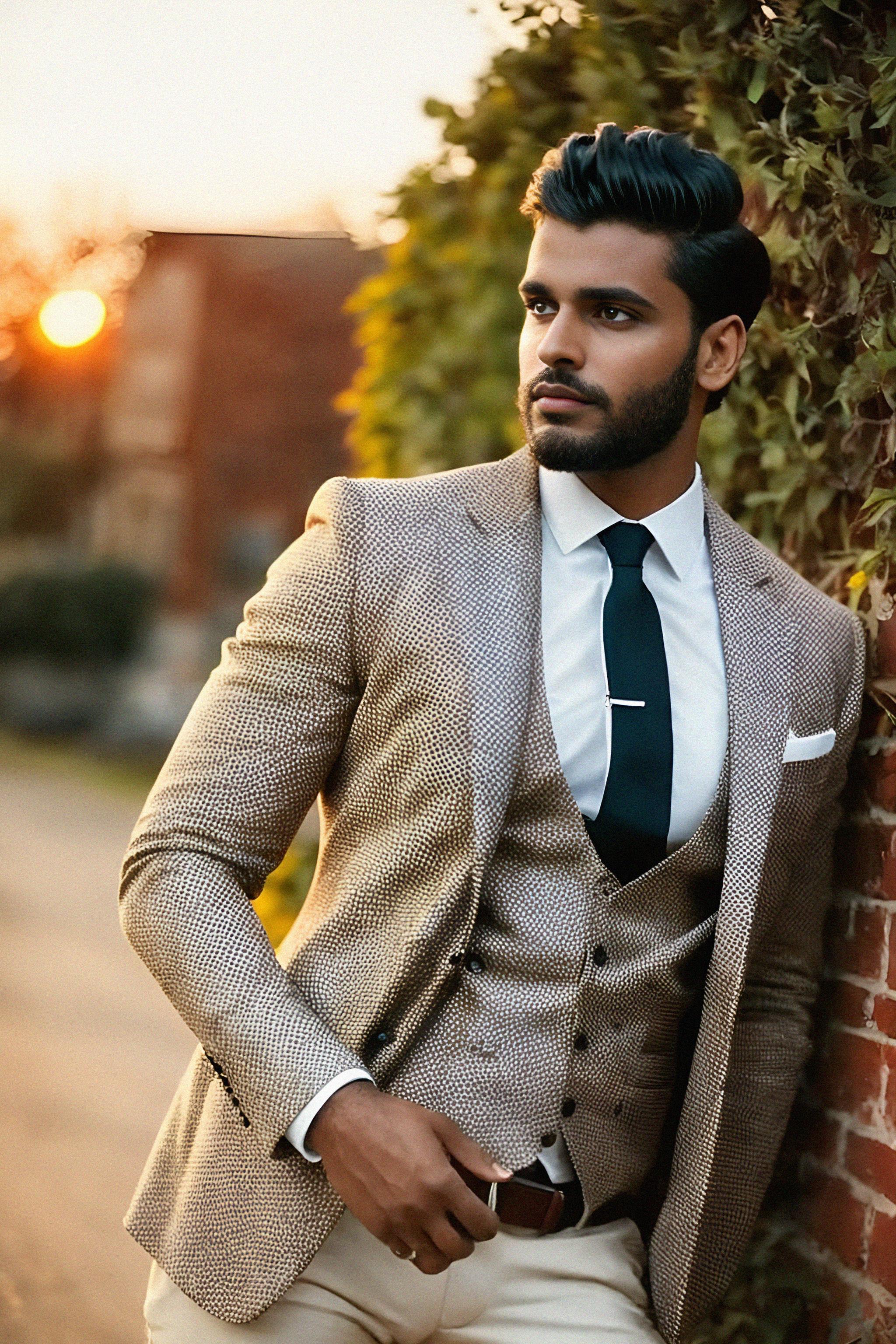 Man in dapper suit, radiating allure under the soft glow of a sunset ...