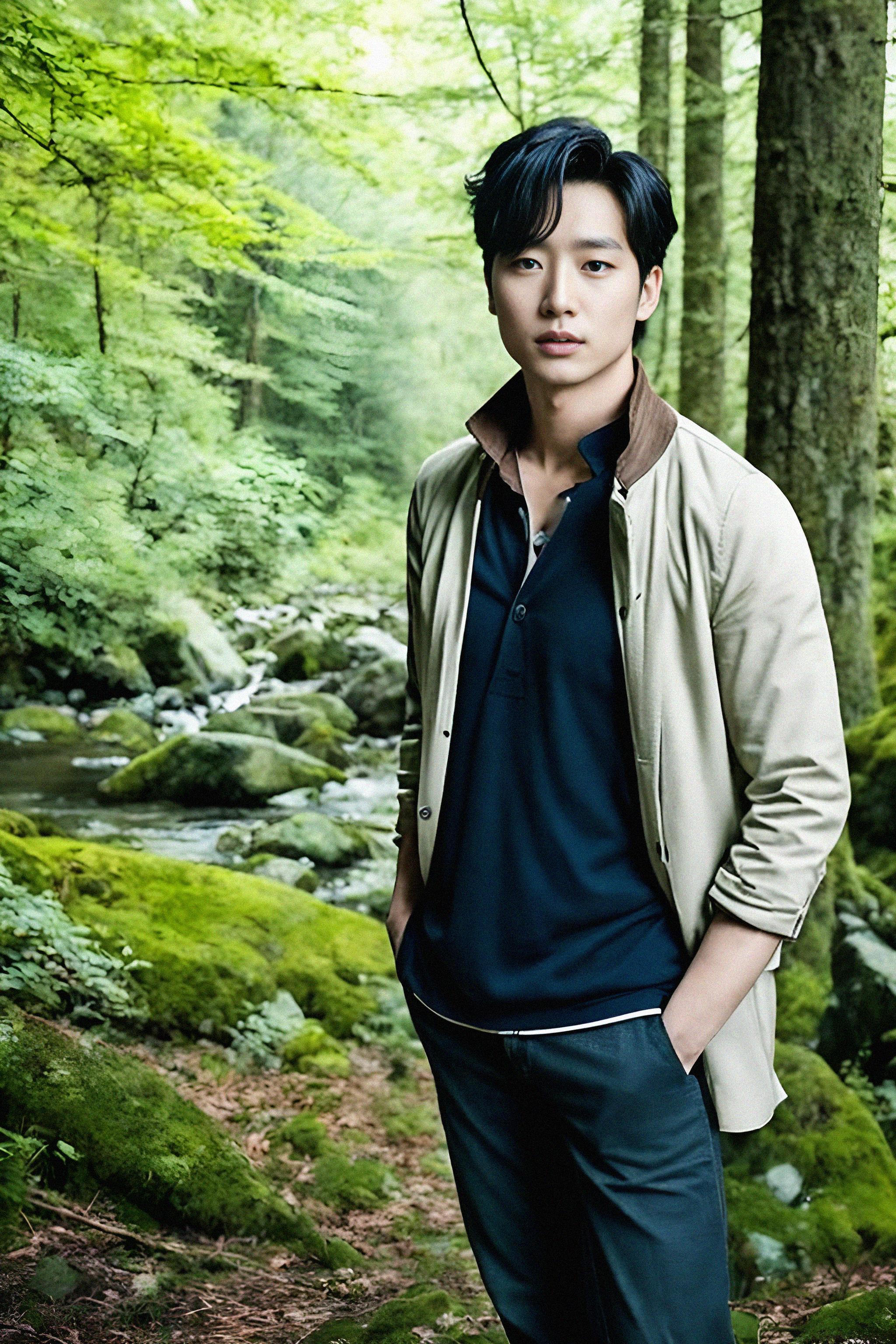 Man with enticing allure in rugged outdoor outfit in a serene forest ...