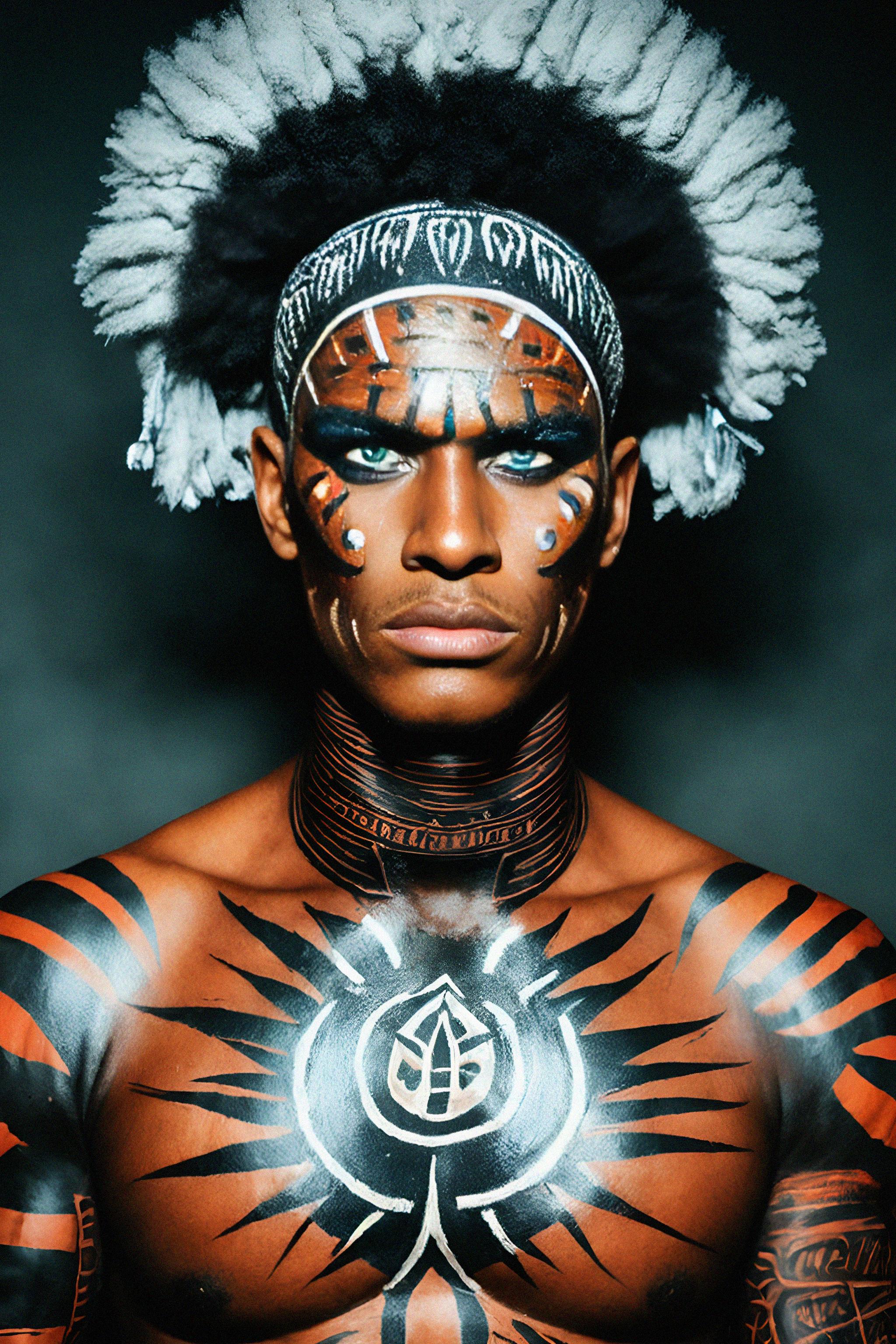 A man with a tribal face paint design, adding an element of tribal and ...
