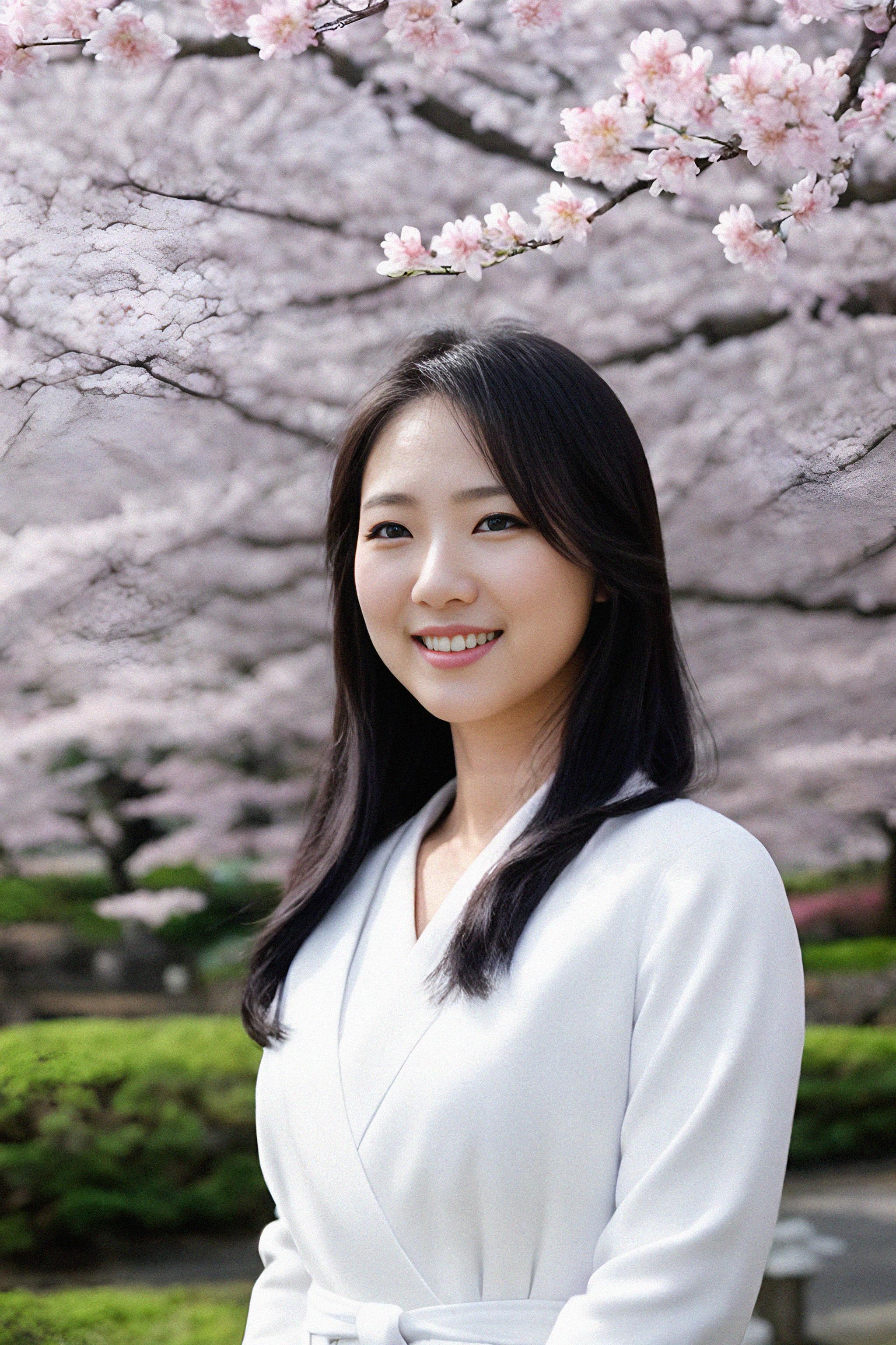 Smiling woman in Japan with Japanese Cherry Blossom Trees and Japanese ...