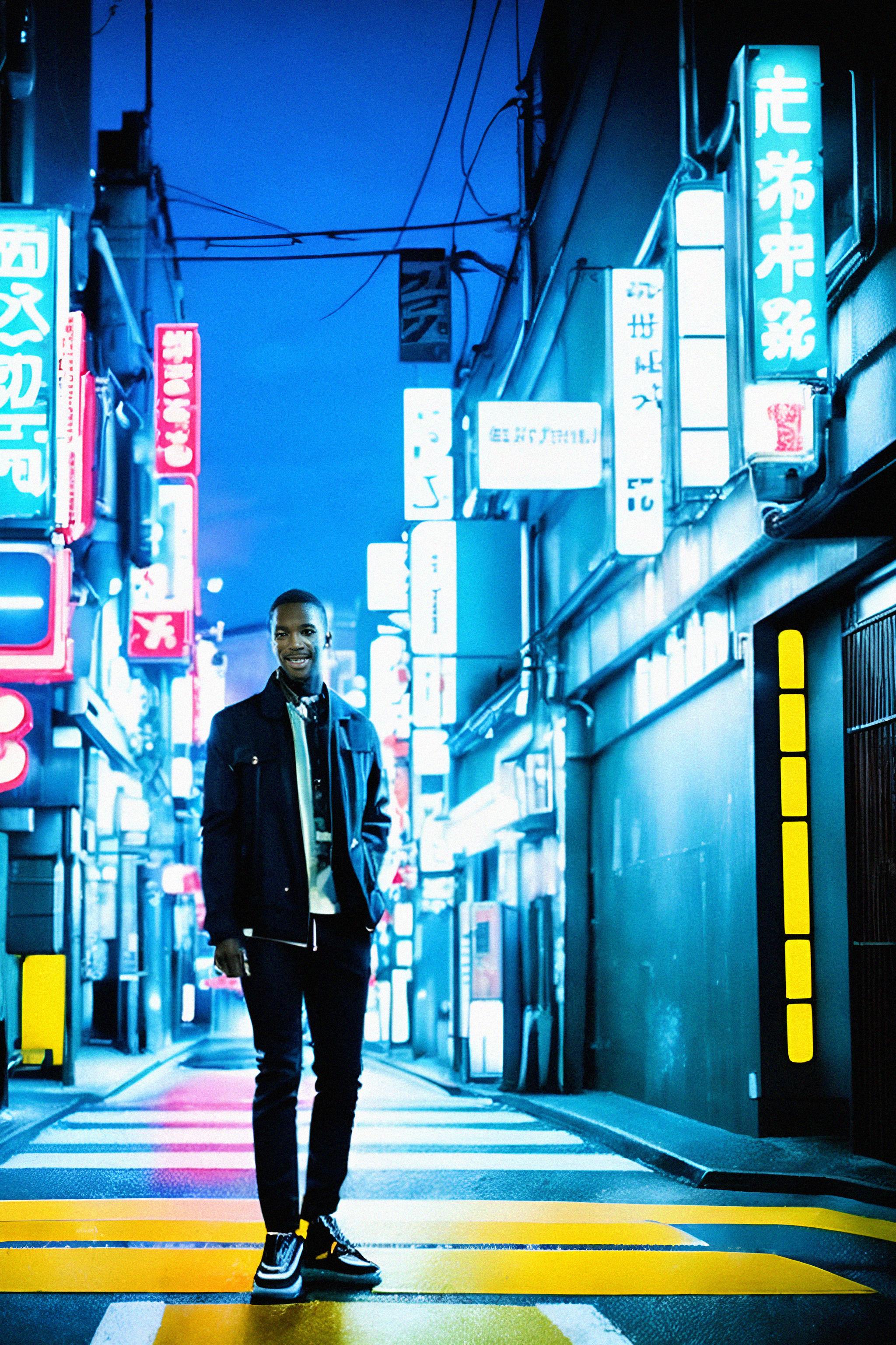 Smiling man in Tokyo at night with neon lights - #8740459 - Royalty ...
