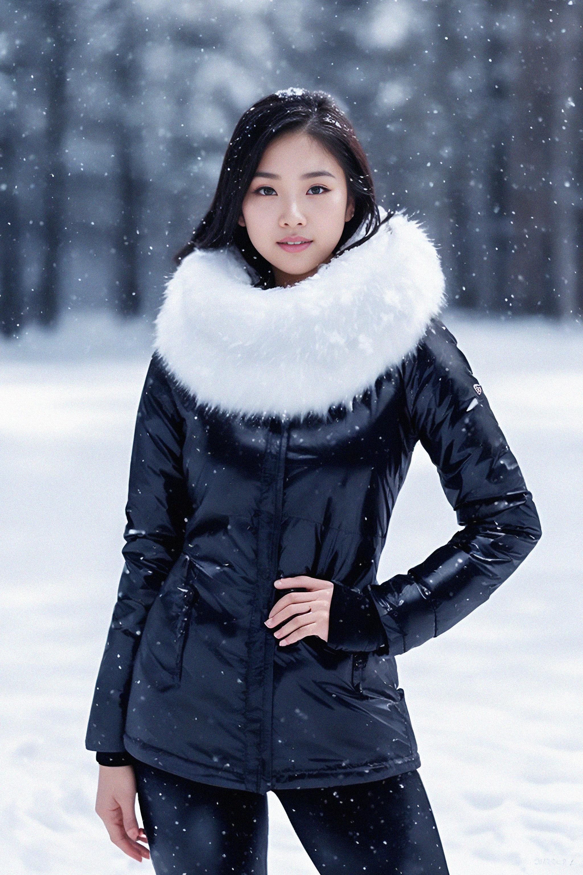 Full body shot of hot black bikini woman standing posing in the snow ...