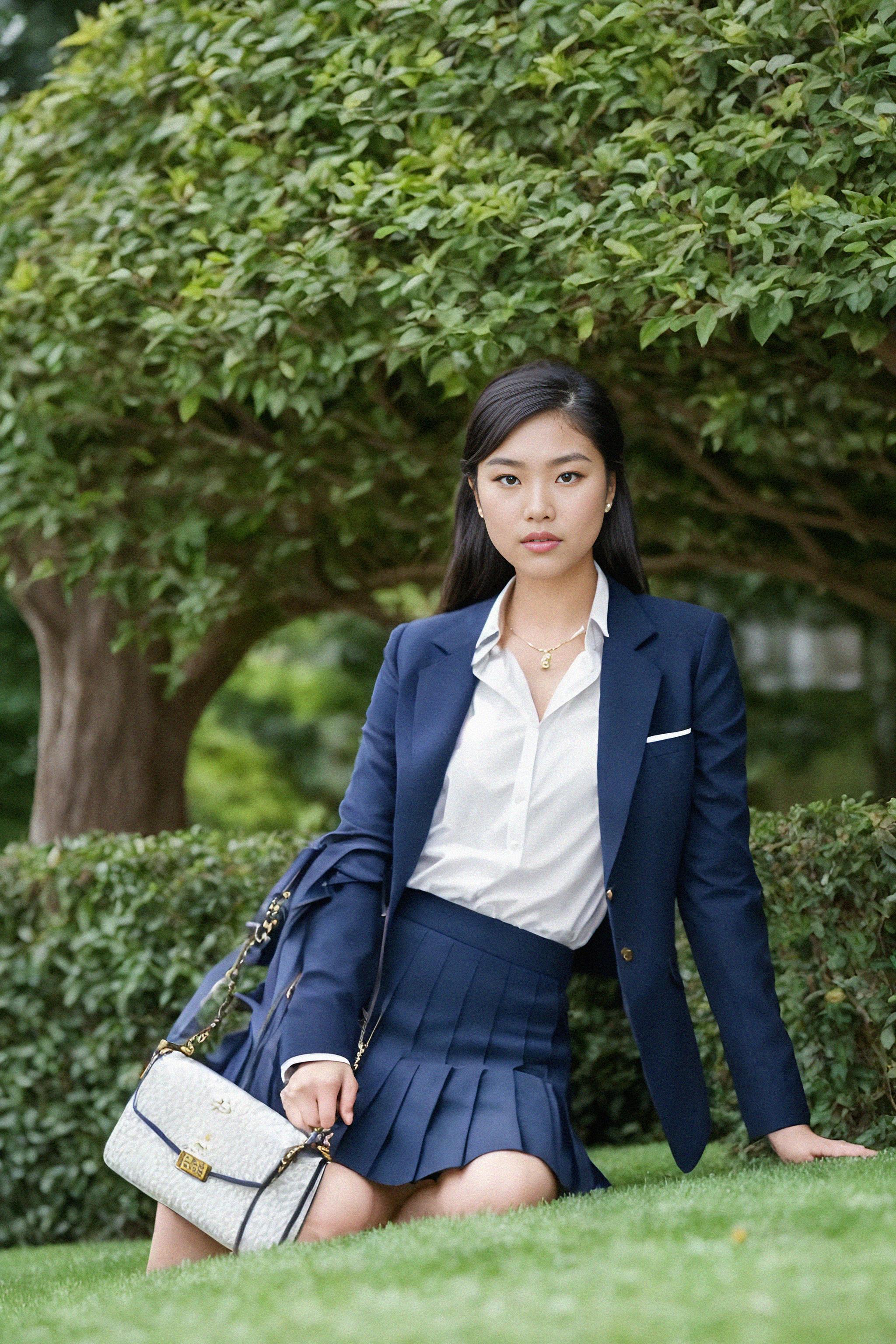 A woman in preppy style, old money aesthetic, posh style, elite school ...