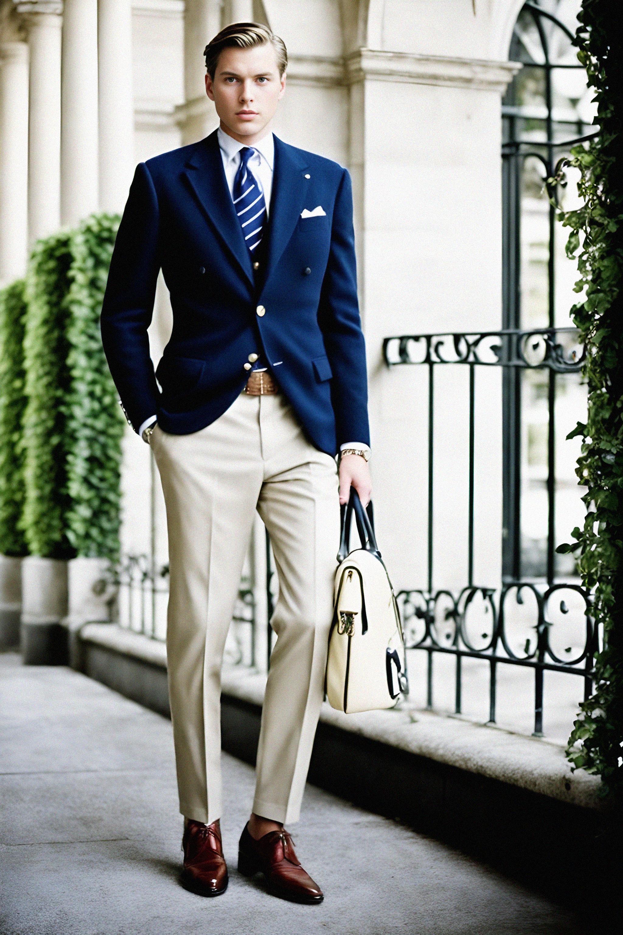 A man in preppy style, old money aesthetic, posh style, elite school ...