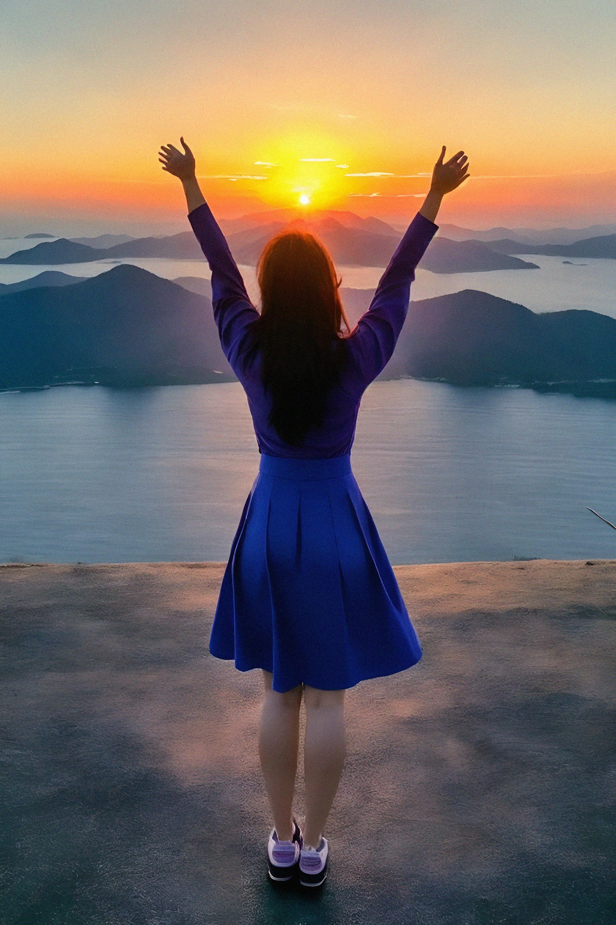 A spiritual seeker woman standing with outstretched arms, embracing the ...