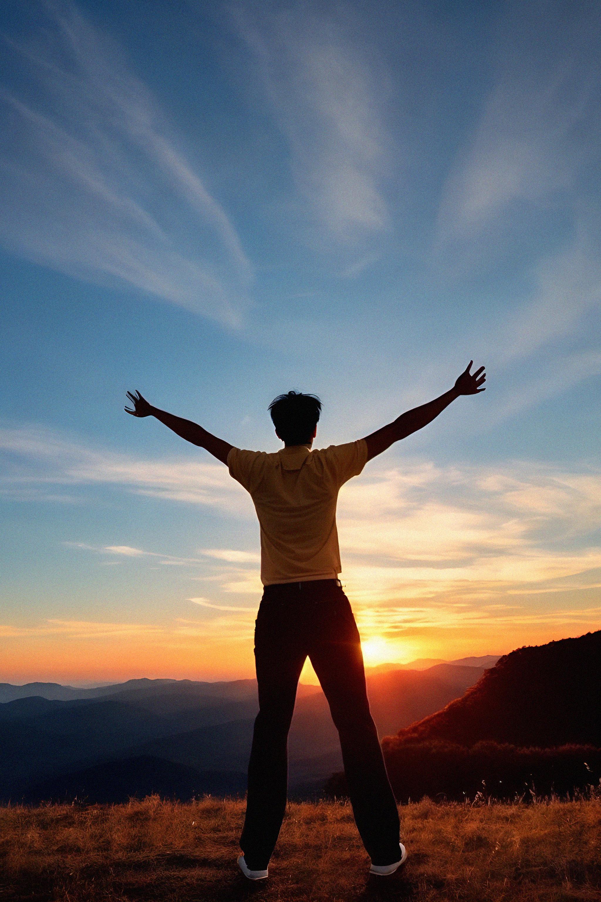 A spiritual seeker man standing with outstretched arms, embracing the ...