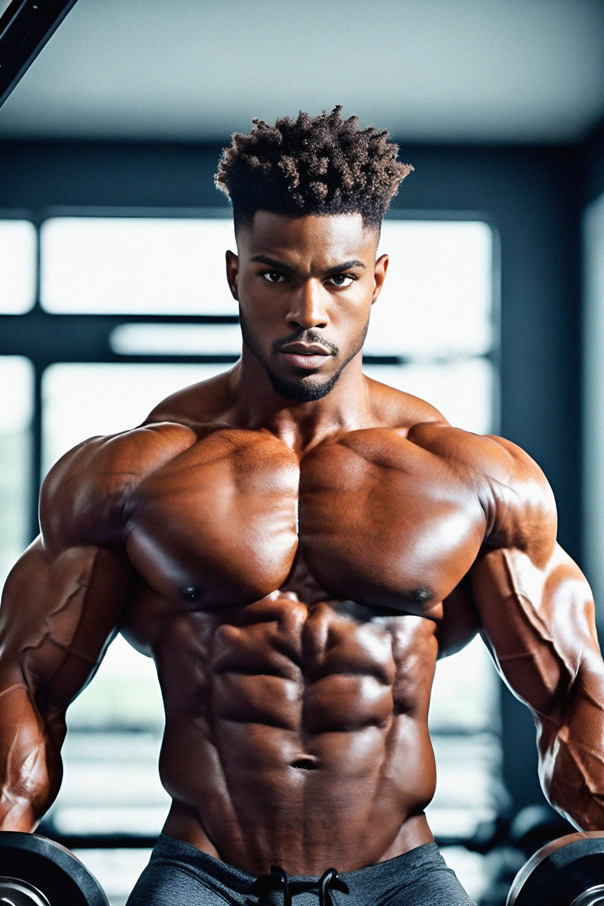A fit male man as fitness influencer flexing their muscles in the gym ...