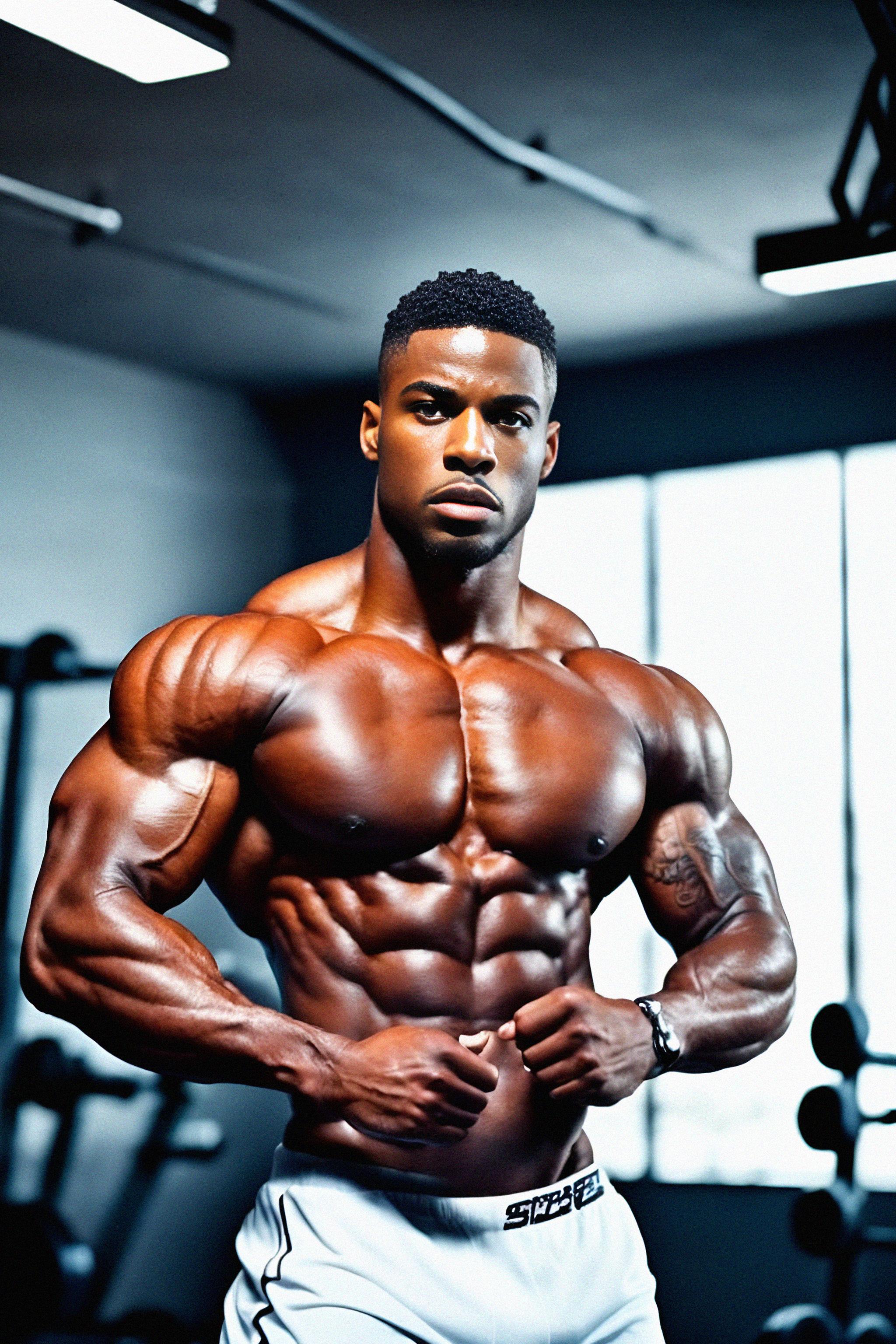 A fit male man as fitness influencer flexing their muscles in the gym ...