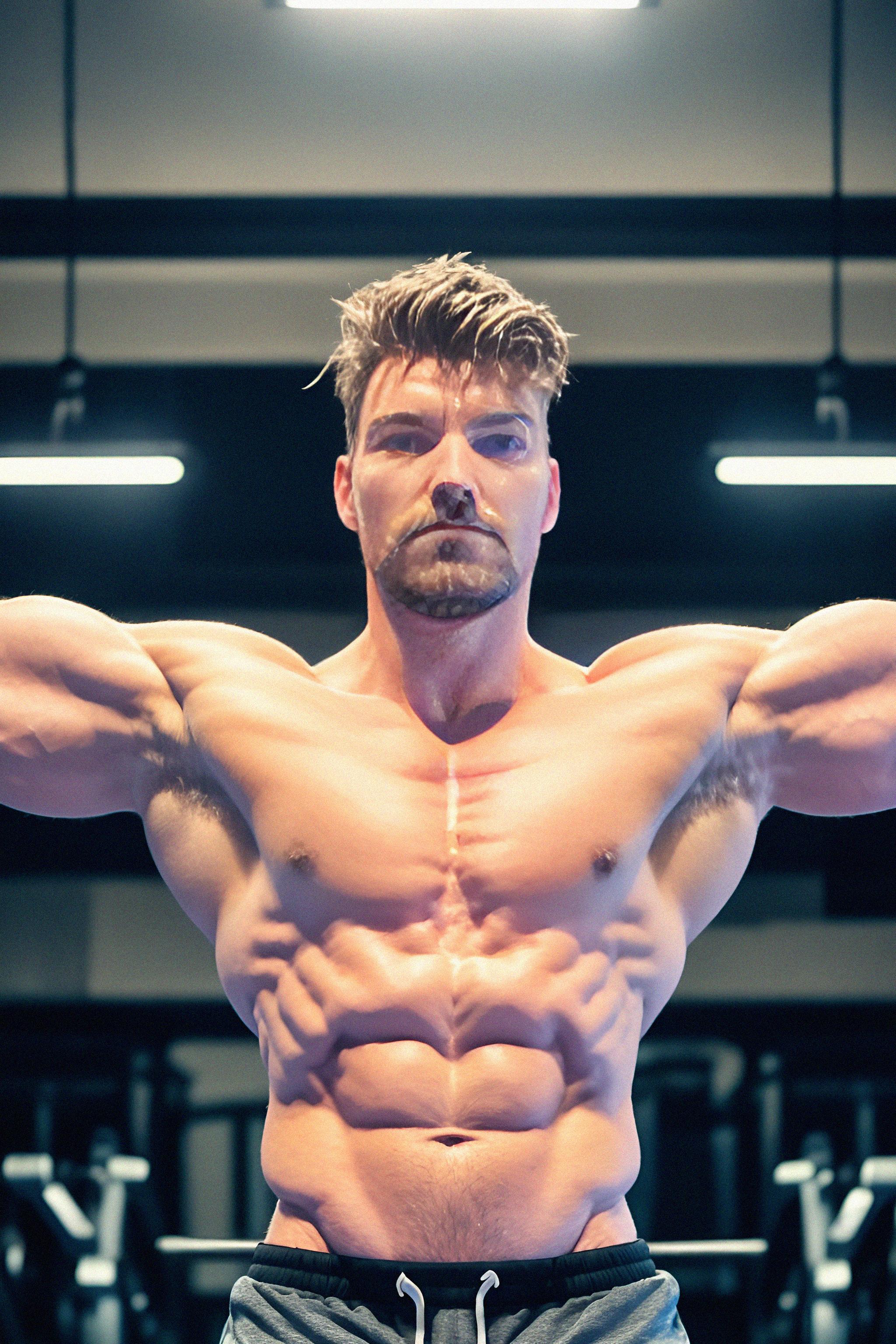 A fit male man as fitness influencer wearing posing trunks in the ...