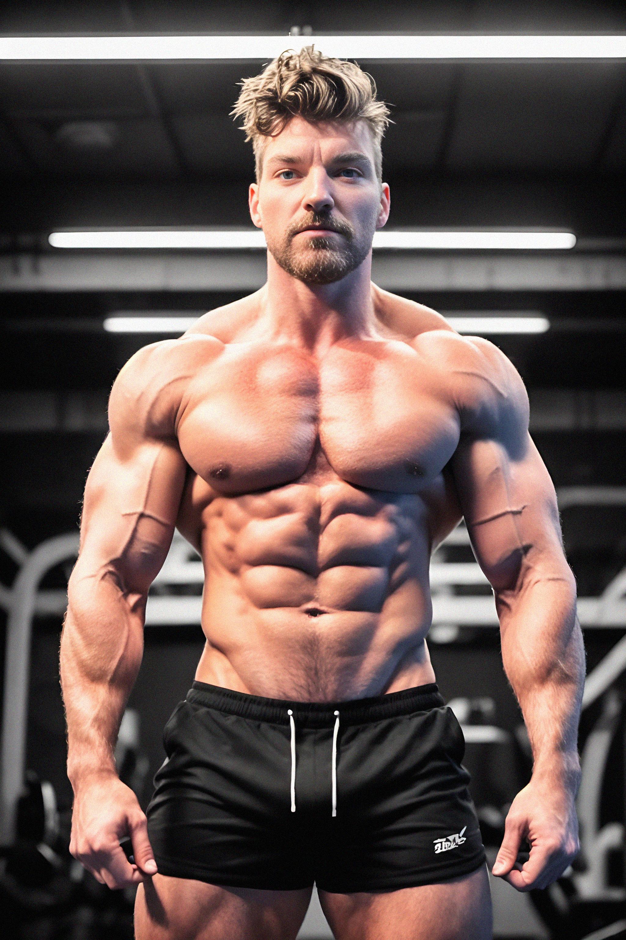 A fit male man as fitness influencer wearing posing trunks in the ...