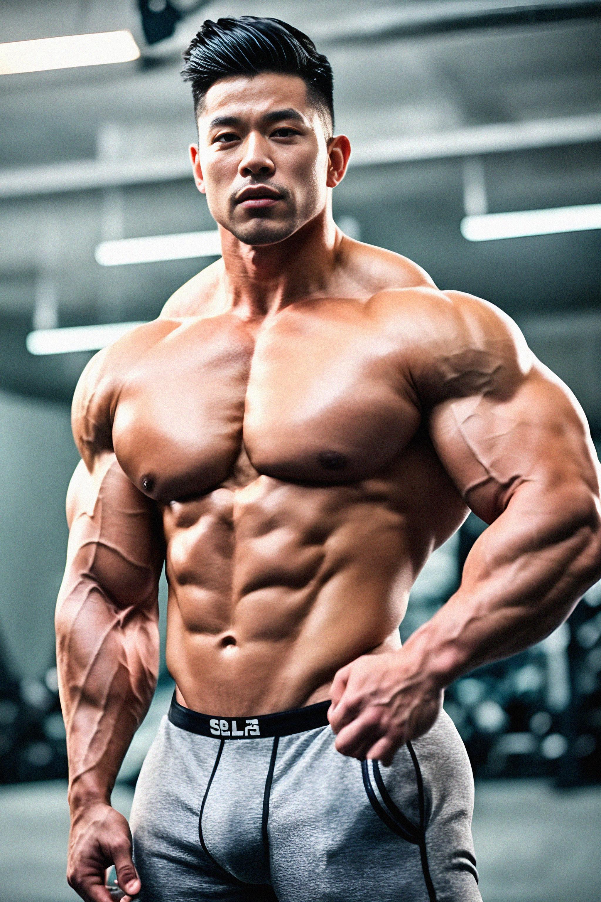 A fit male man as fitness influencer wearing posing trunks in the ...