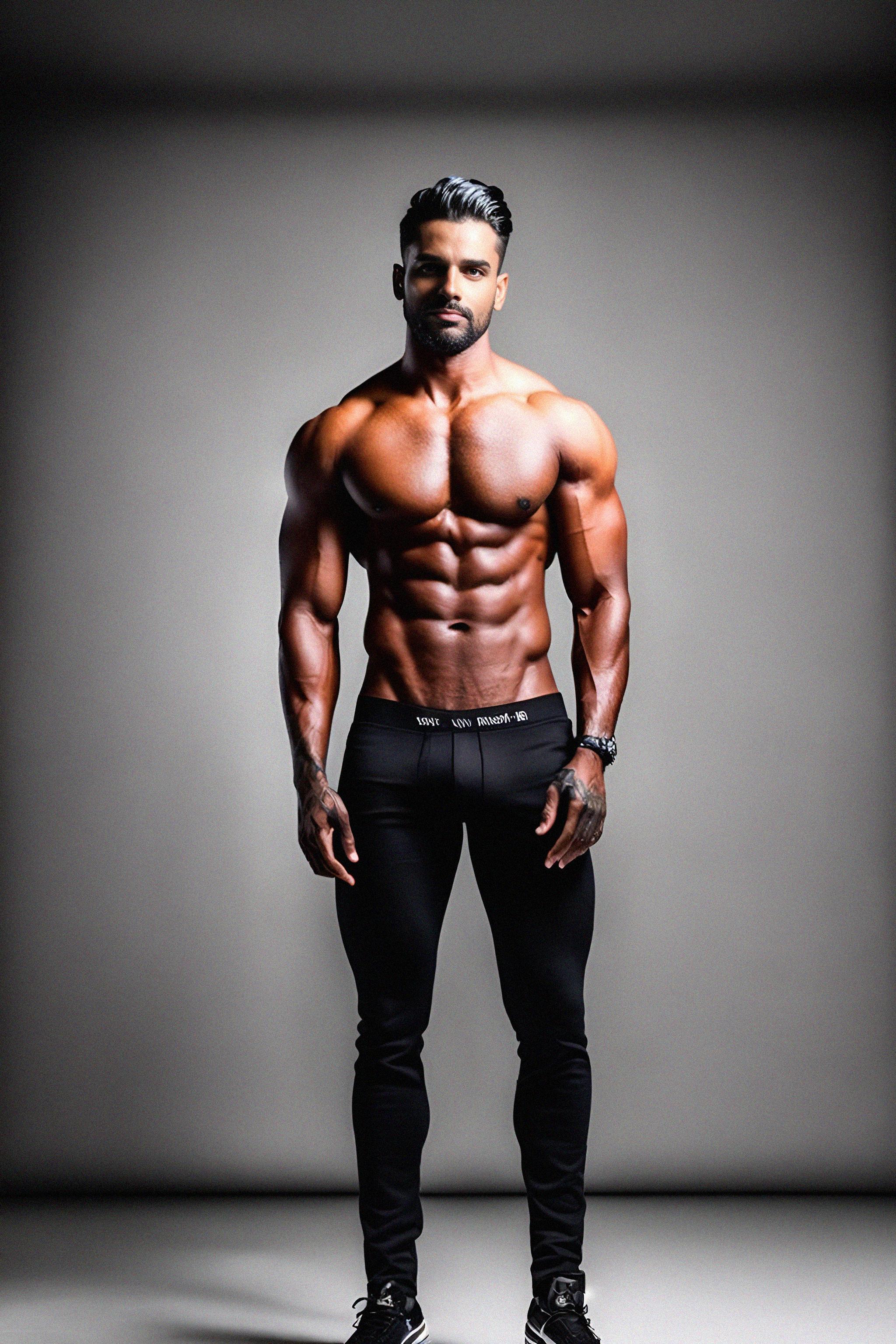 A fit male man as fitness influencer posing on stage, displaying the ...