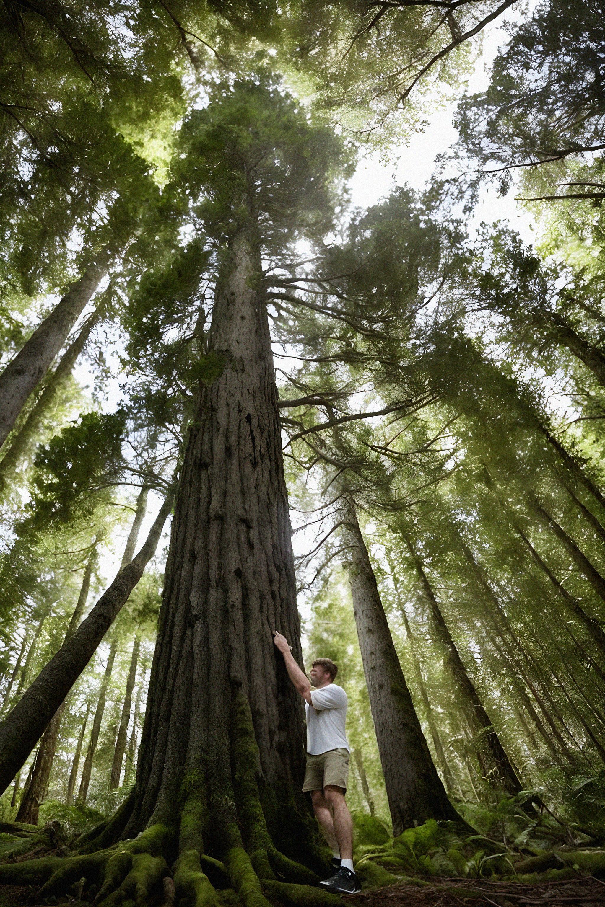 Man embracing a towering tree in a lush forest, capturing the sense of ...