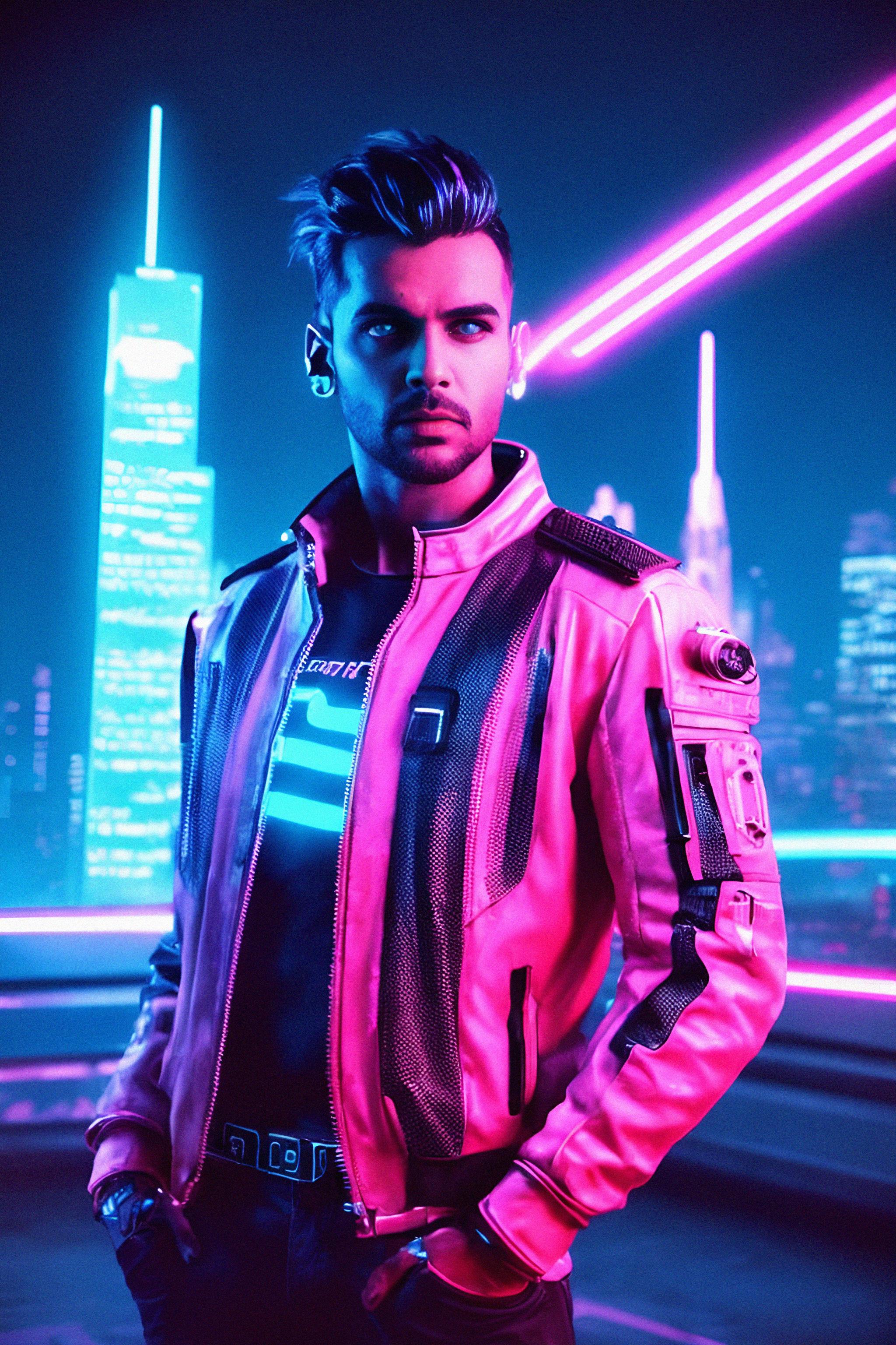 Cyberpunk man with futuristic cyberpunk neon clothes standing in ...