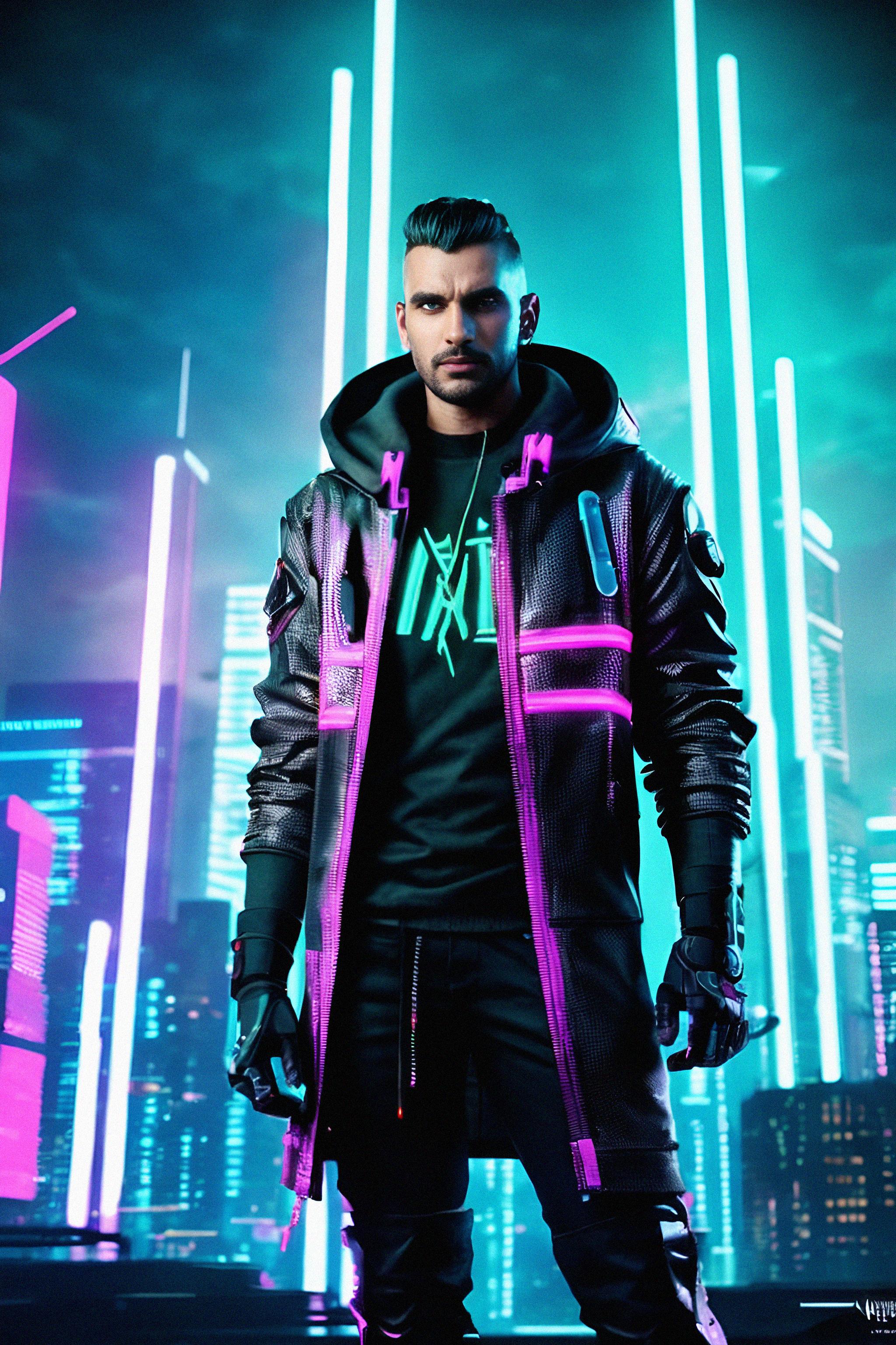 Cyberpunk man with futuristic cyberpunk neon clothes standing in ...